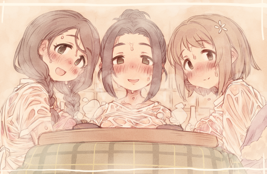 Safebooru - 3girls 7010 akanishi erika black hair blush bra braid breasts brown eyes brown hair ...