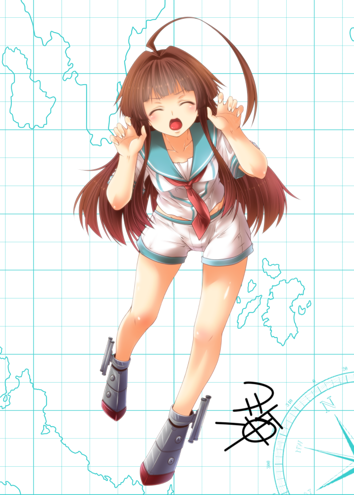 Safebooru - 1girl :d ^ ^ ahoge bent over brown hair claw pose closed eyes collarbone full body ...