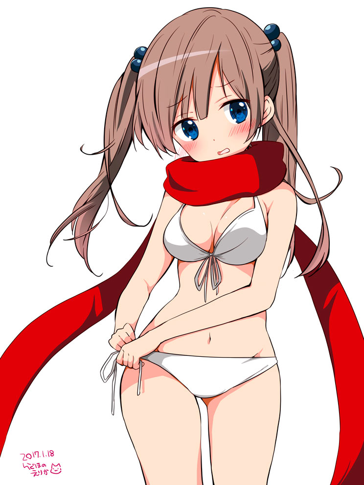 Safebooru - 1girl 2017 artist name bangs beads bikini blue eyes blush breasts brown hair cat ...