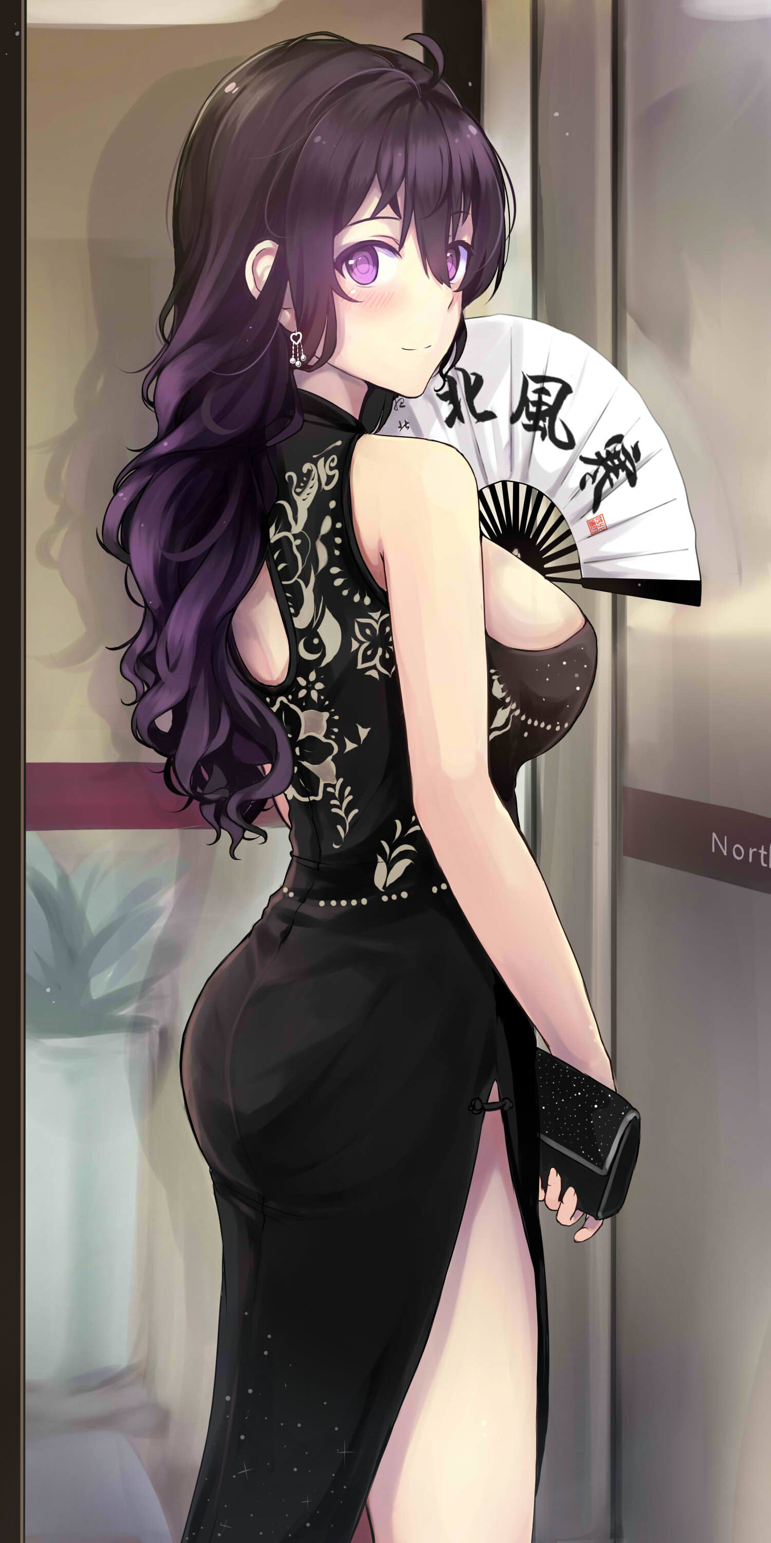 Safebooru - 1girl absurdres ahoge ass bag bare shoulders beifeng han black dress black hair ...