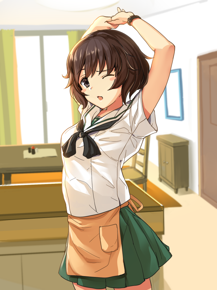 Safebooru - 1girl akiyama yukari apron arms up bangs blouse blush stickers bracelet brown eyes ...