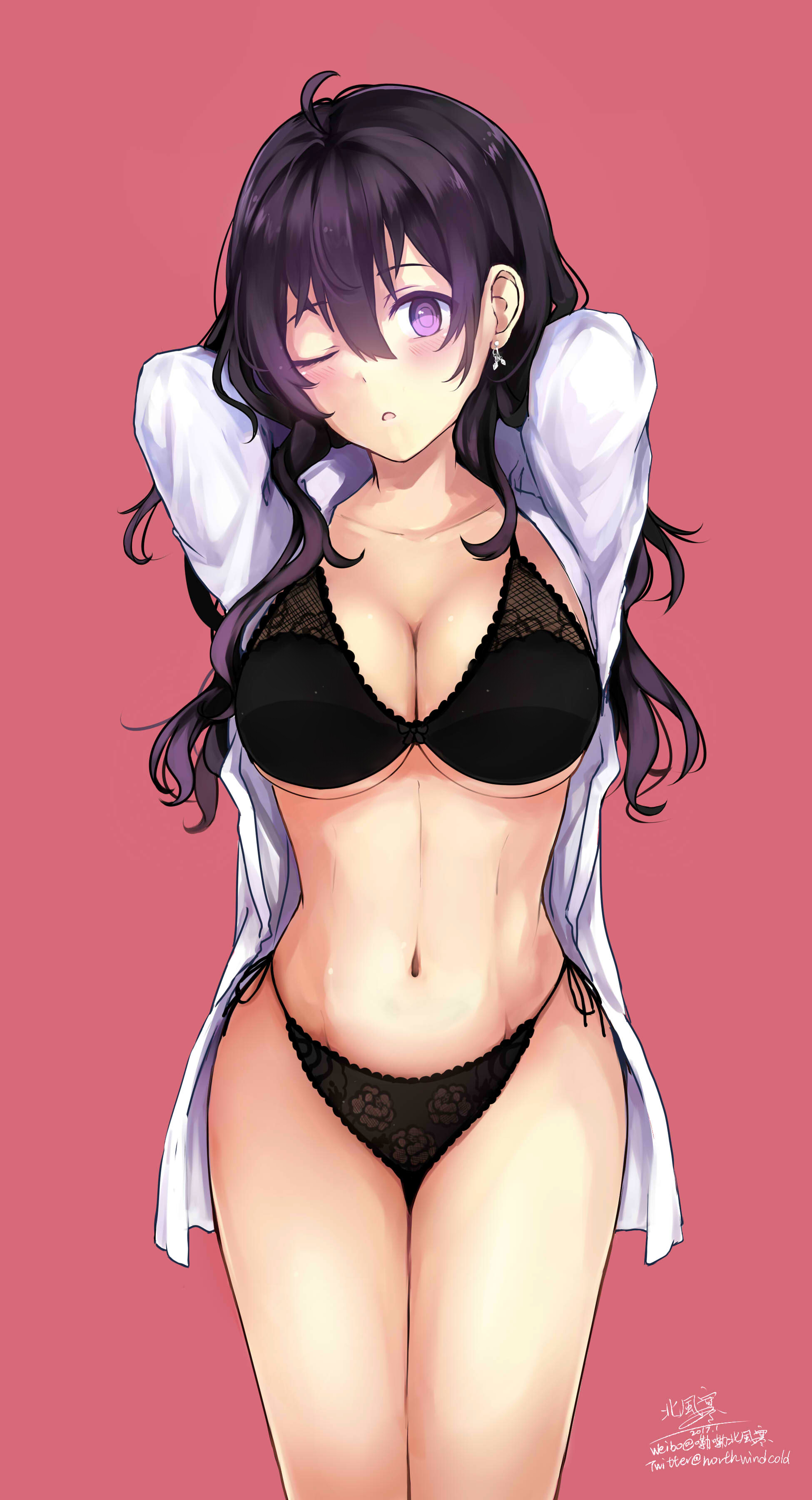 Safebooru - 1girl absurdres ahoge arms behind head beifeng han black bra black hair black ...