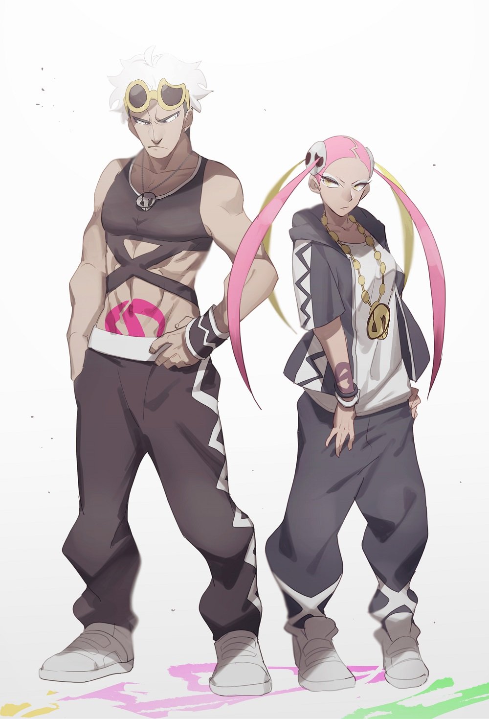 Safebooru - >:( 1boy 1girl abs arm tattoo baggy pants bare shoulders ...