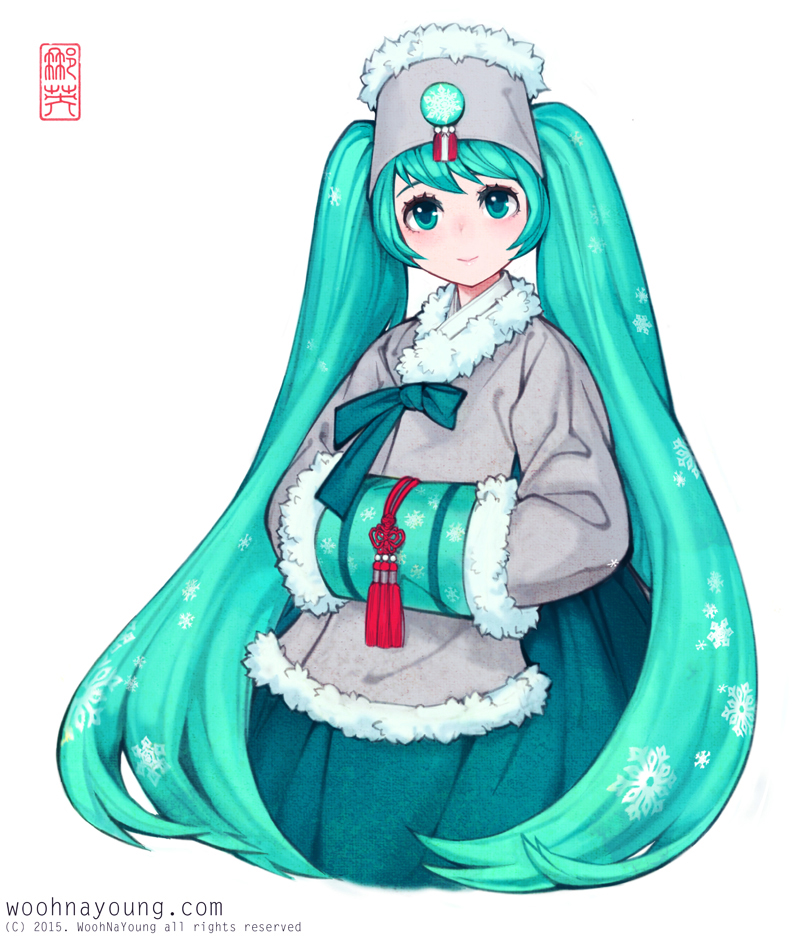 Safebooru - 1girl 2015 alternate costume aqua eyes aqua hair fur trim hat hatsune miku long hair ...