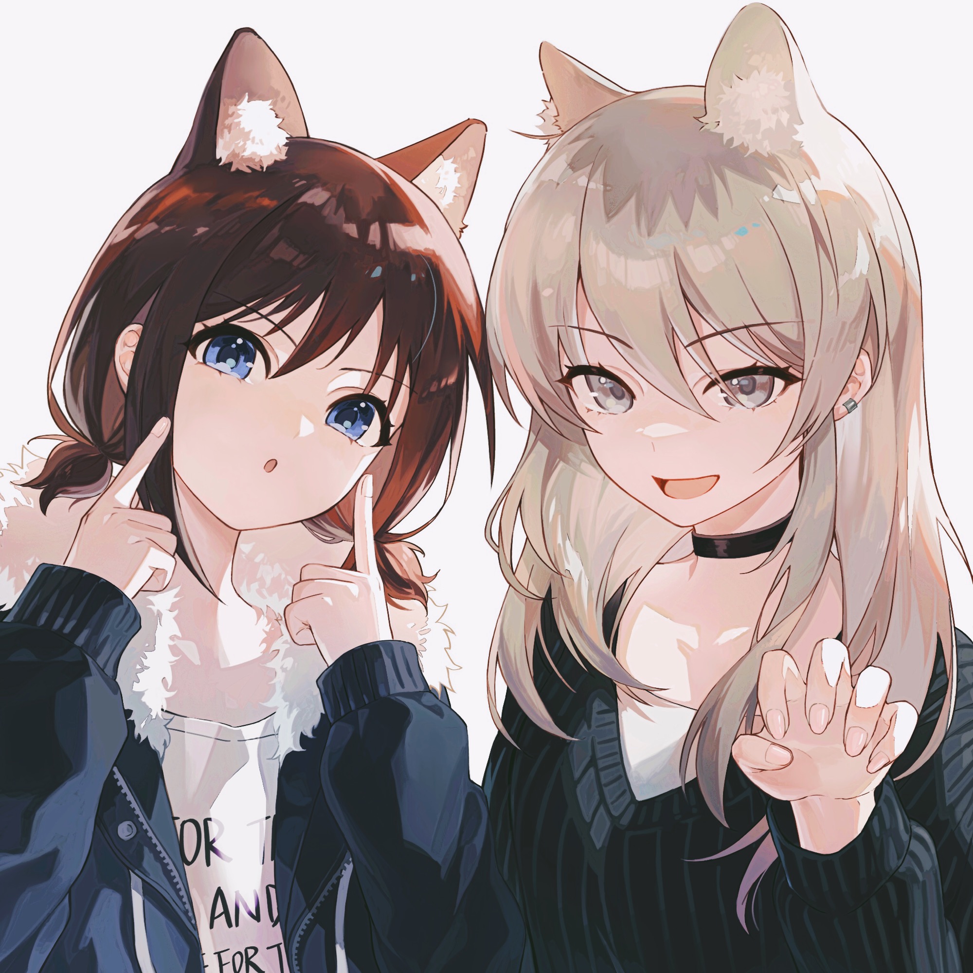 Safebooru - 2girls :o animal ear fluff animal ears black choker black sweater blonde hair blue ...