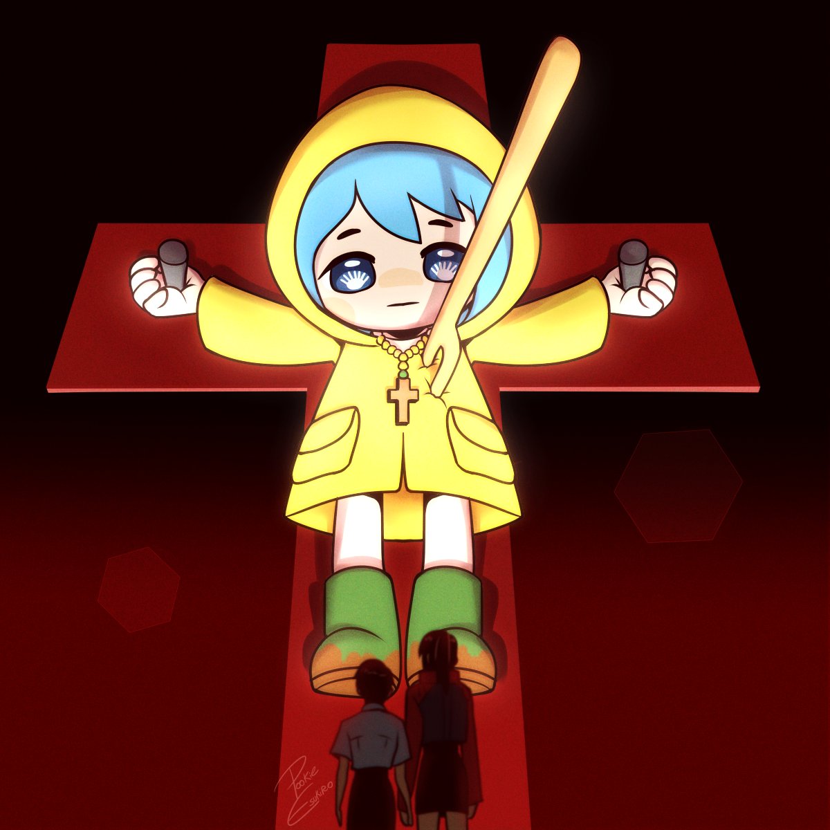 Safebooru - 1boy 2girls artist name black background blue eyes blue ...