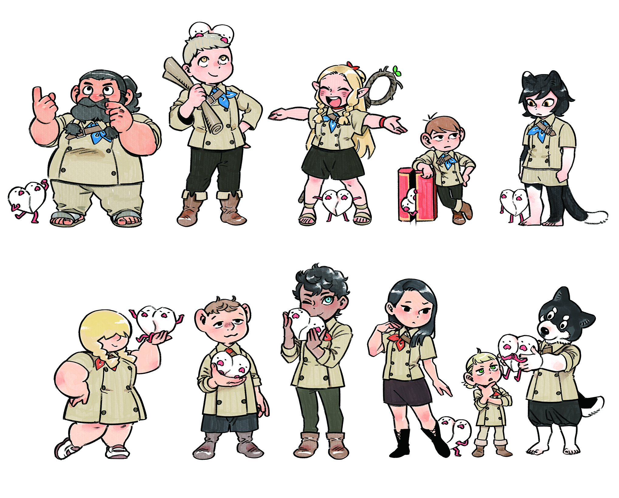 Safebooru - 4girls 6+boys :d ^ ^ ambrosia (dungeon meshi) animal ears ascot barefoot beard black ...