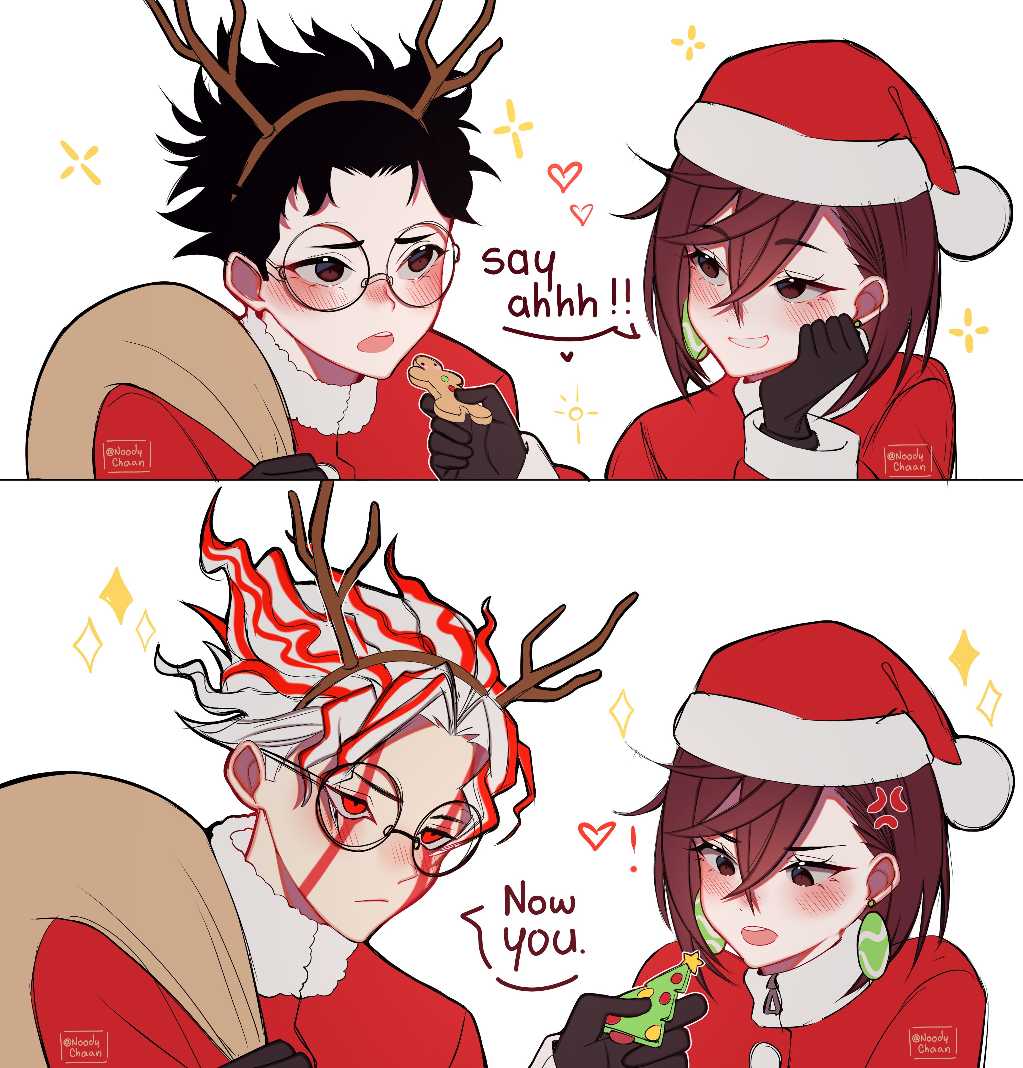 Safebooru - 1boy 1girl absurdres animal ears ayase momo black hair brown hair christmas cookie ...