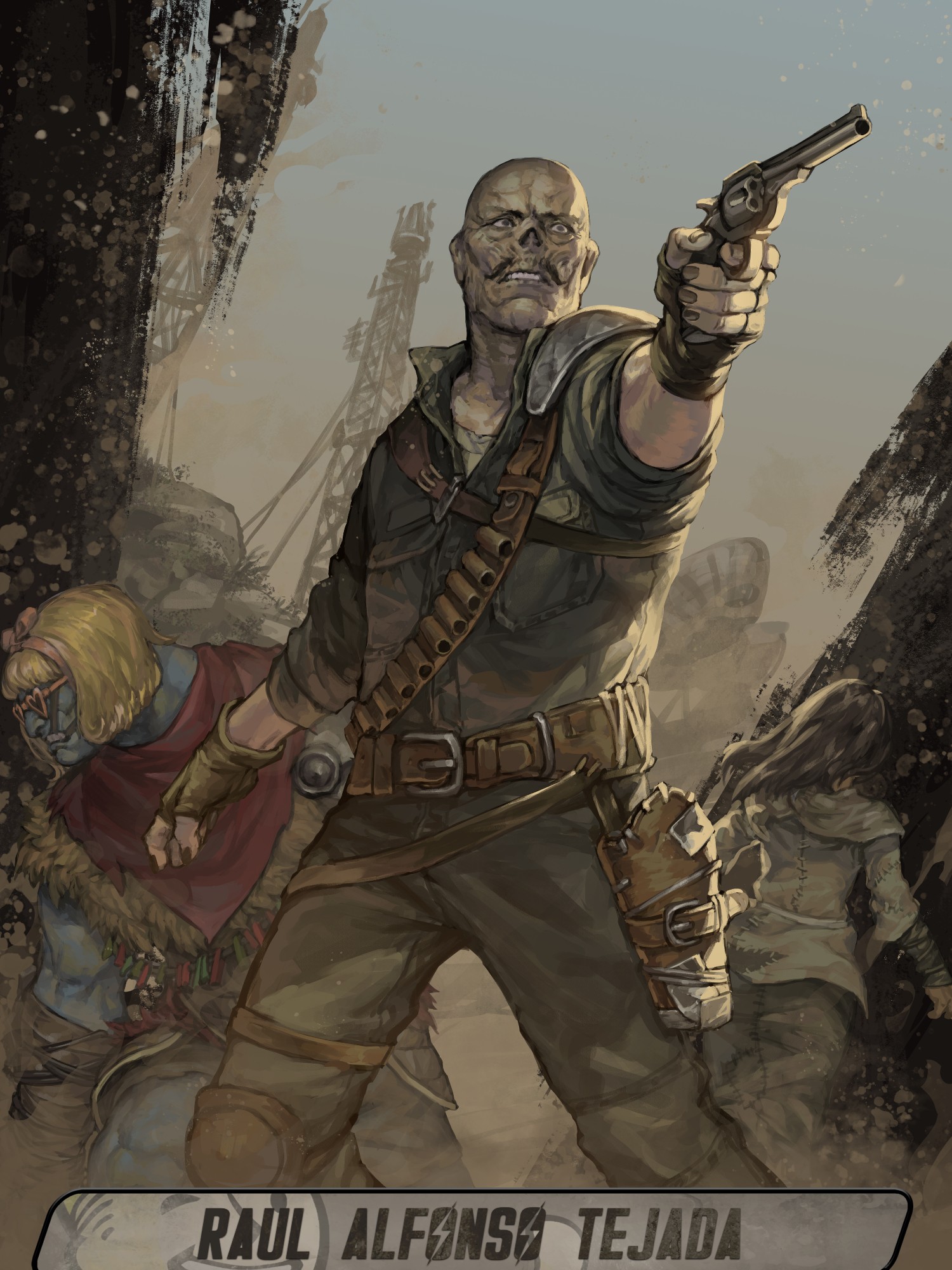 Safebooru - 1boy 2girls armor bald bandolier belt blonde hair blue skin ...