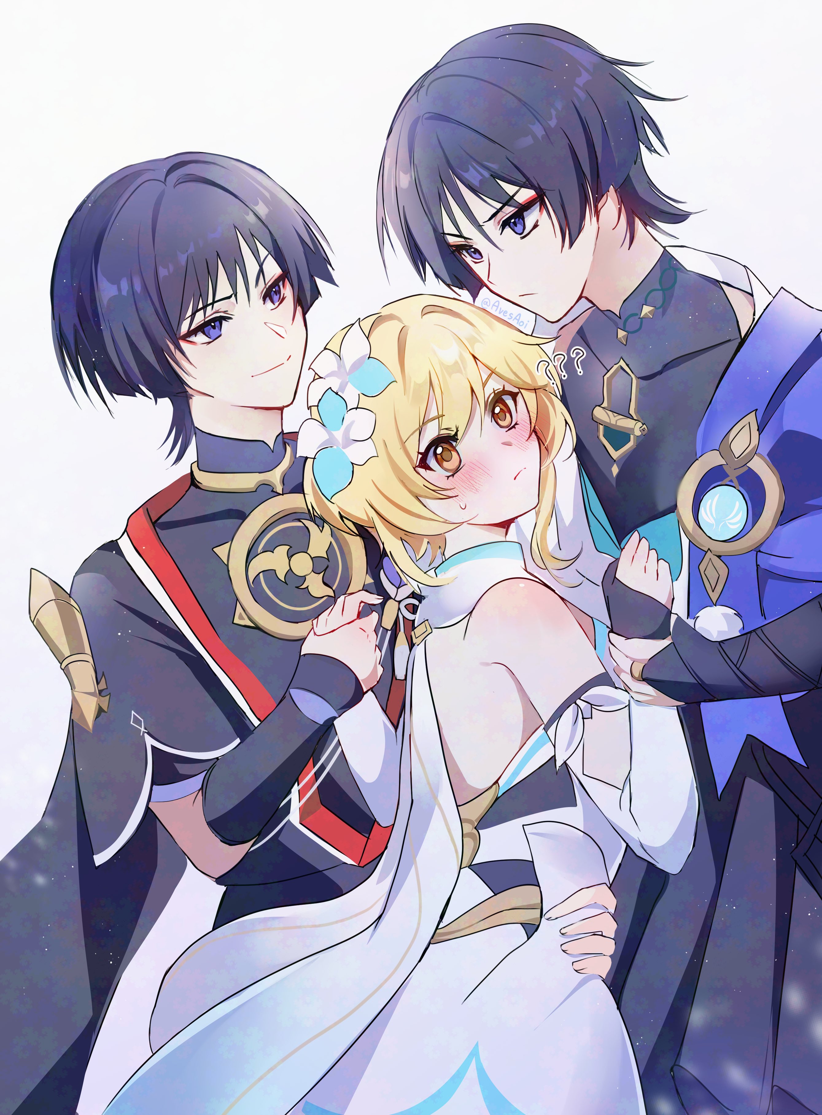 Safebooru - 1girl 2boys absurdres anemo symbol (genshin impact) arm cutout armor avesaoi bare ...