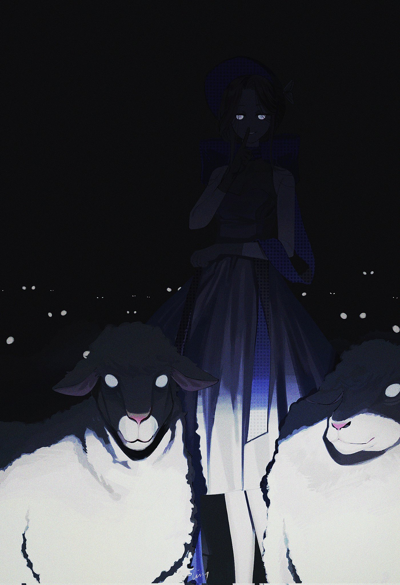 Safebooru - 1girl bare shoulders black background black dress blue bow ...