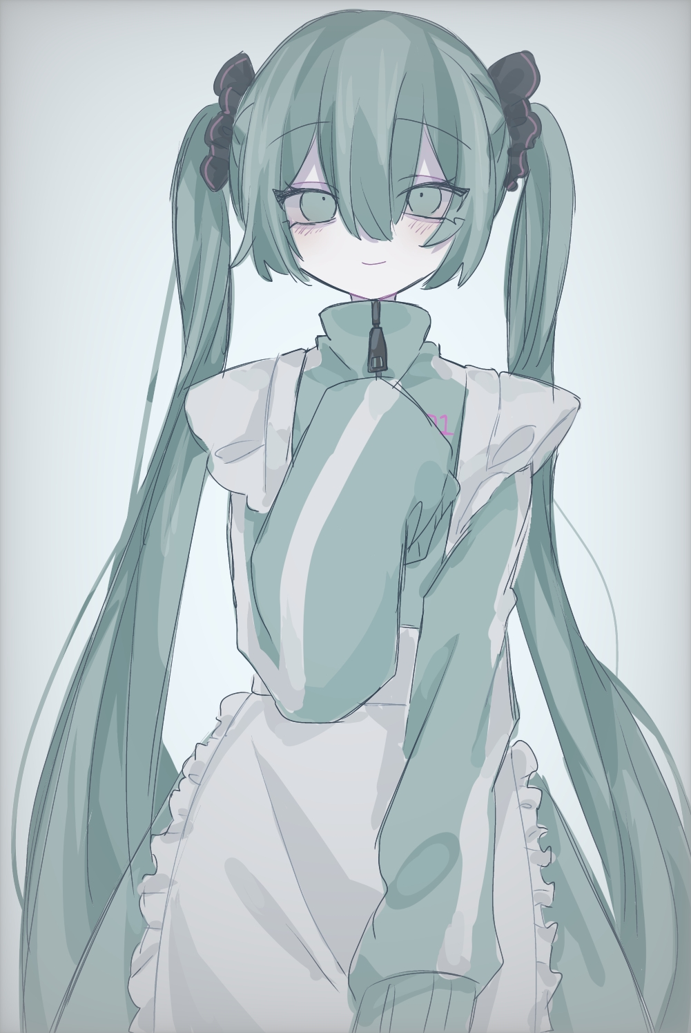 Safebooru - 1girl 42nse1 apron aqua eyes aqua hair blue eyes blue hair blue track suit blush ...