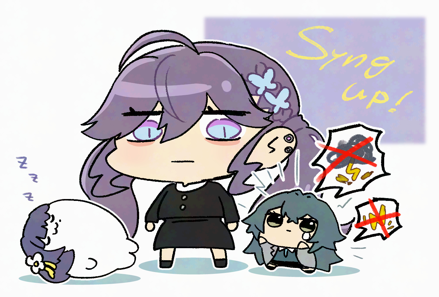 Safebooru - 3girls ahoge bags under eyes butterfly hair ornament chibi ...