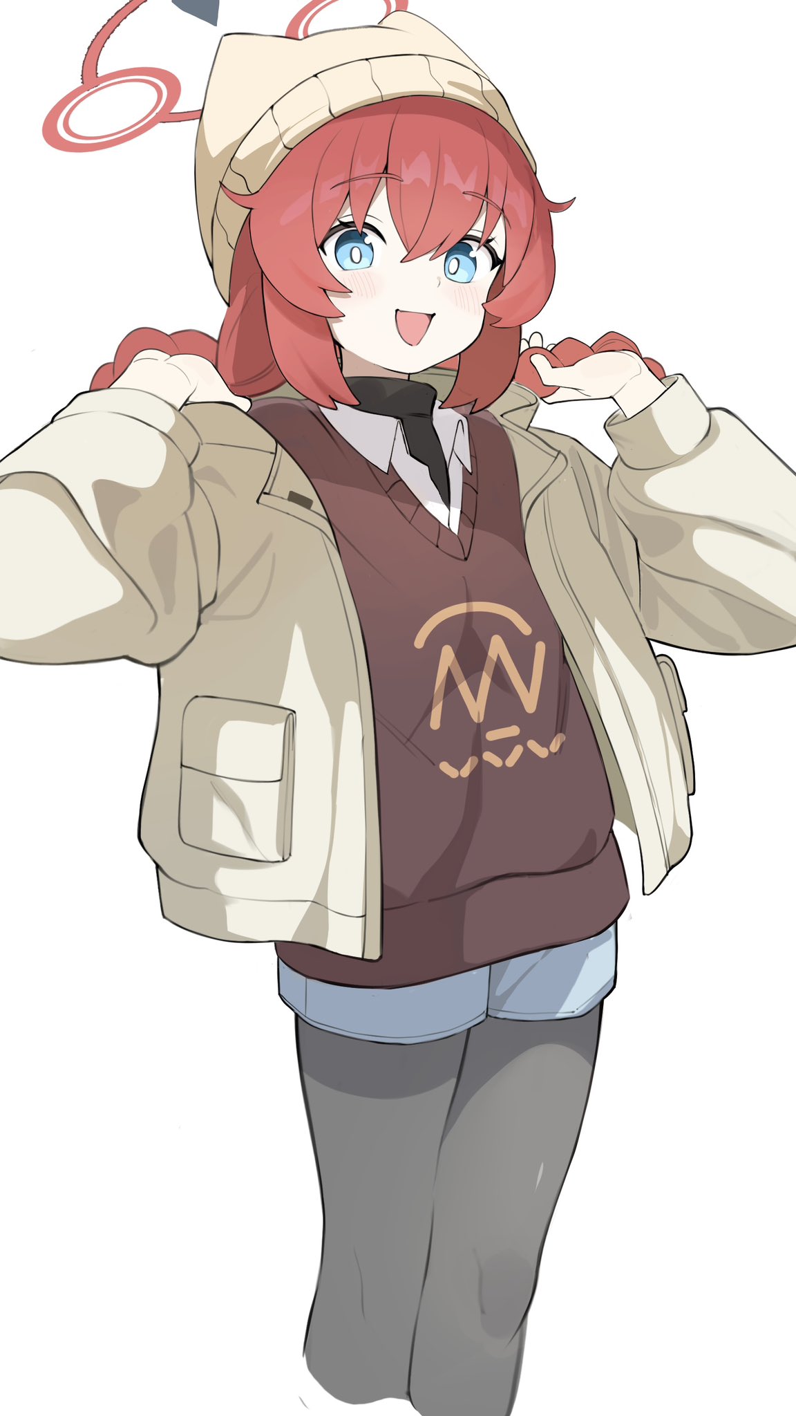 Safebooru - 1girl :d animal ear headwear beanie black pantyhose black undershirt blue archive ...