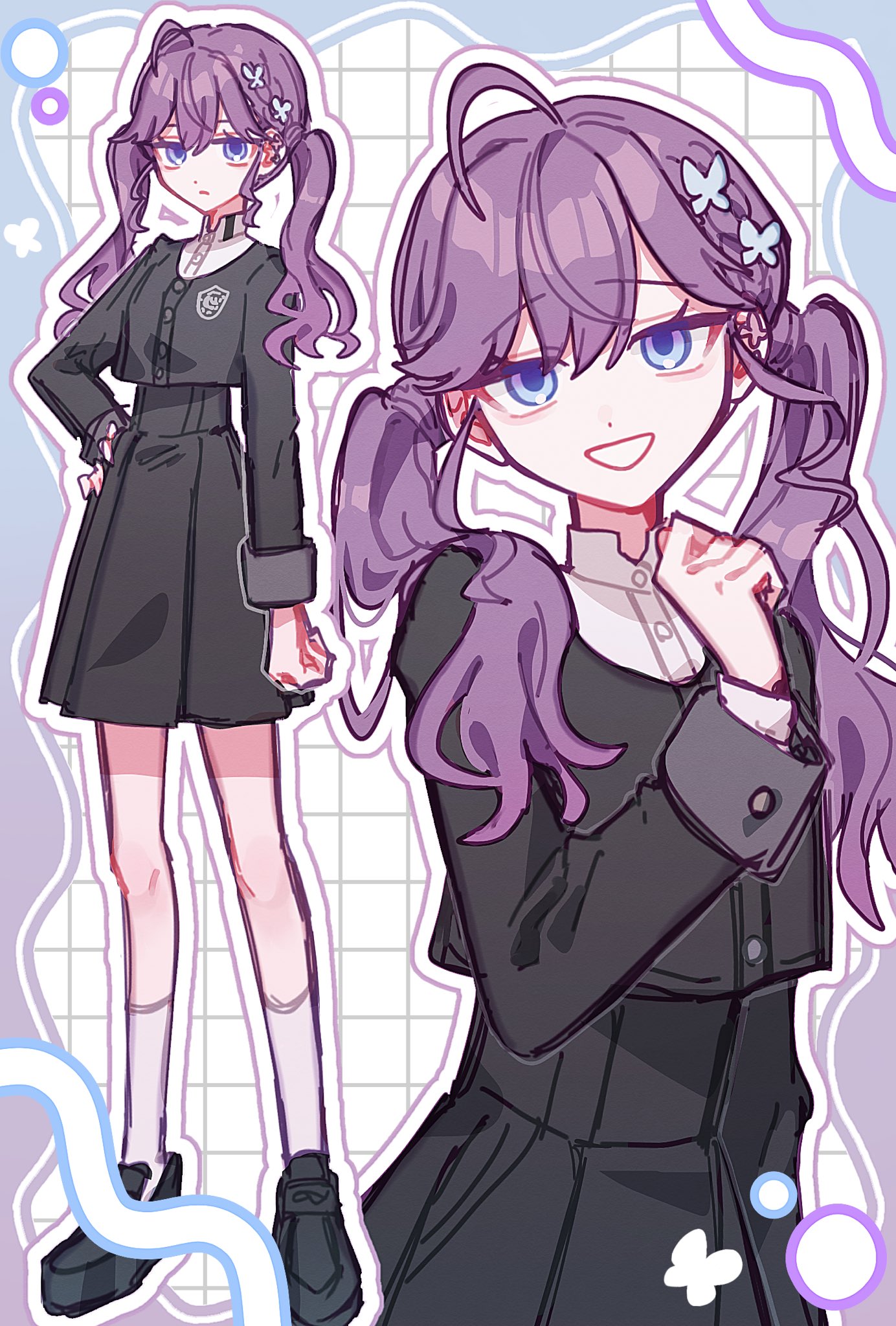 Safebooru - 1girl ahoge bags under eyes black jacket black skirt braid brown hair butterfly hair ...