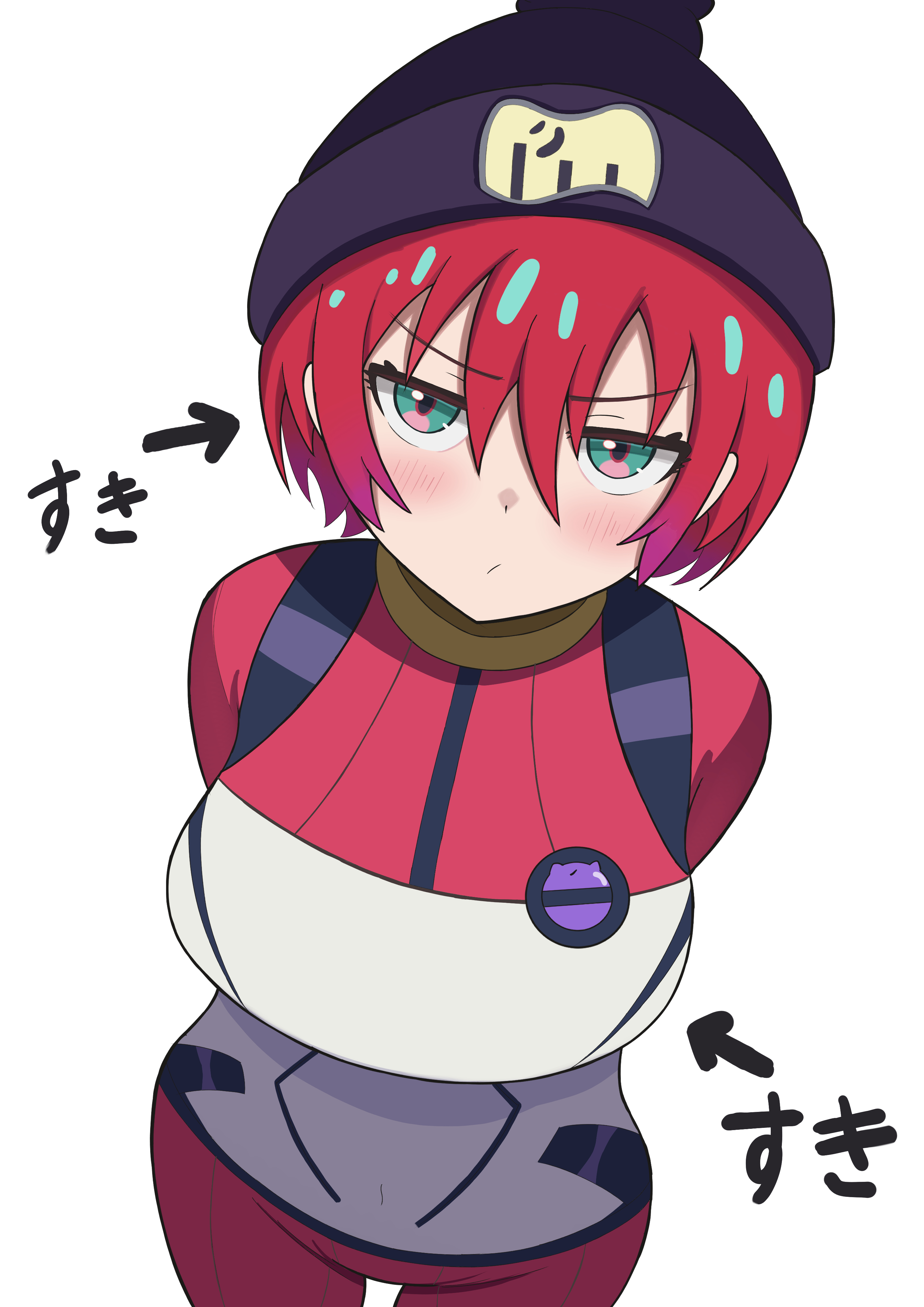 Safebooru - absurdres amate yuzuriha aqua eyes arms behind back beanie black hat blush bodysuit ...