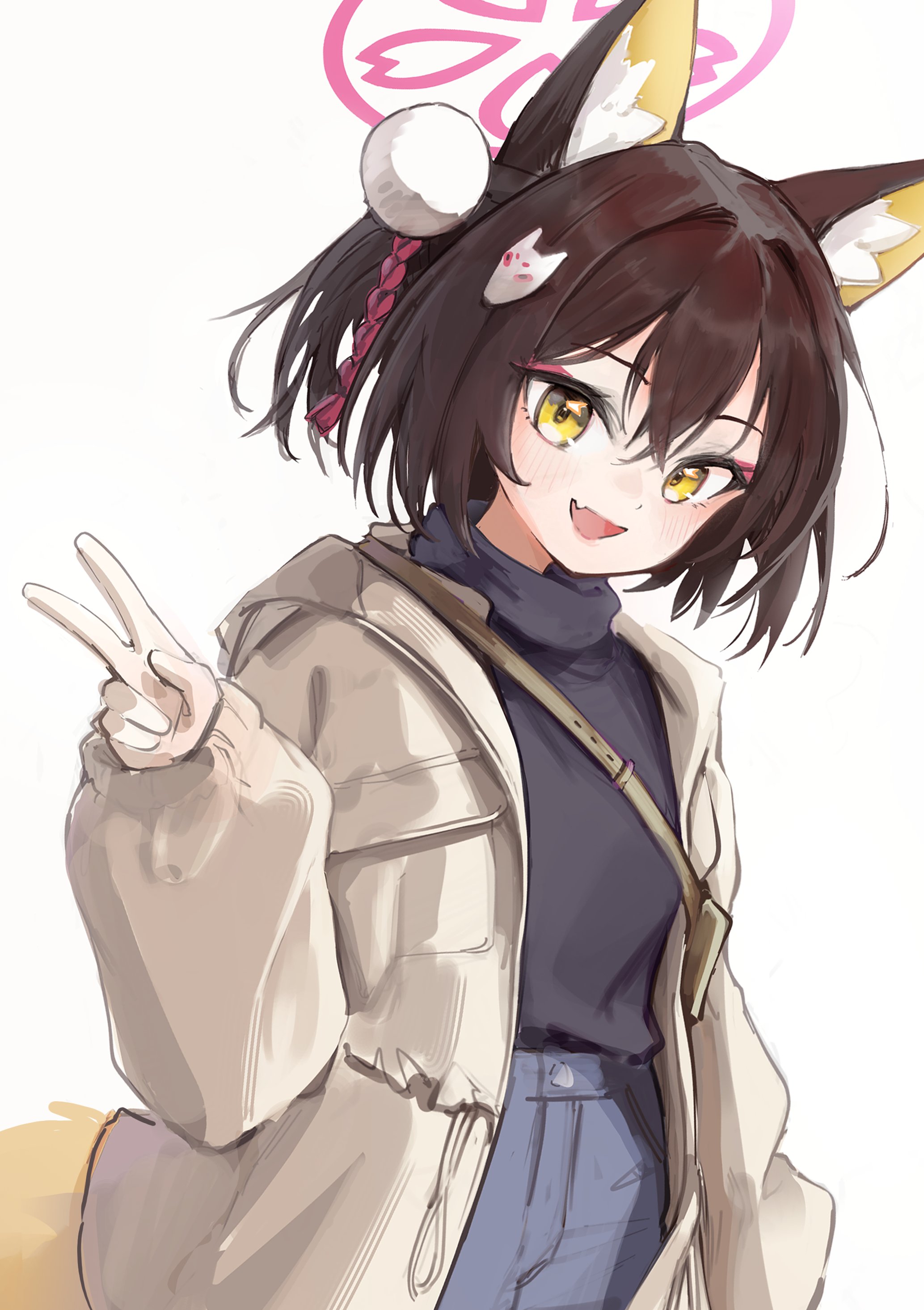 Safebooru - 1girl :d absurdres alternate costume animal ear fluff animal ears black shirt blue ...