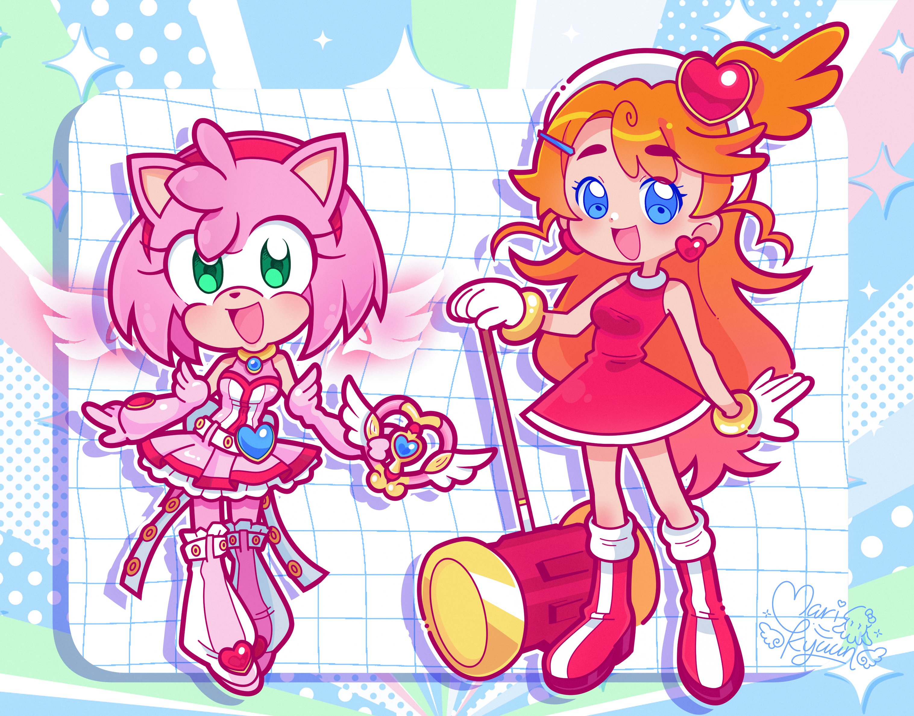 Safebooru - 2girls :d abstract background amy rose amy rose (cosplay) angel wings (illusion ...
