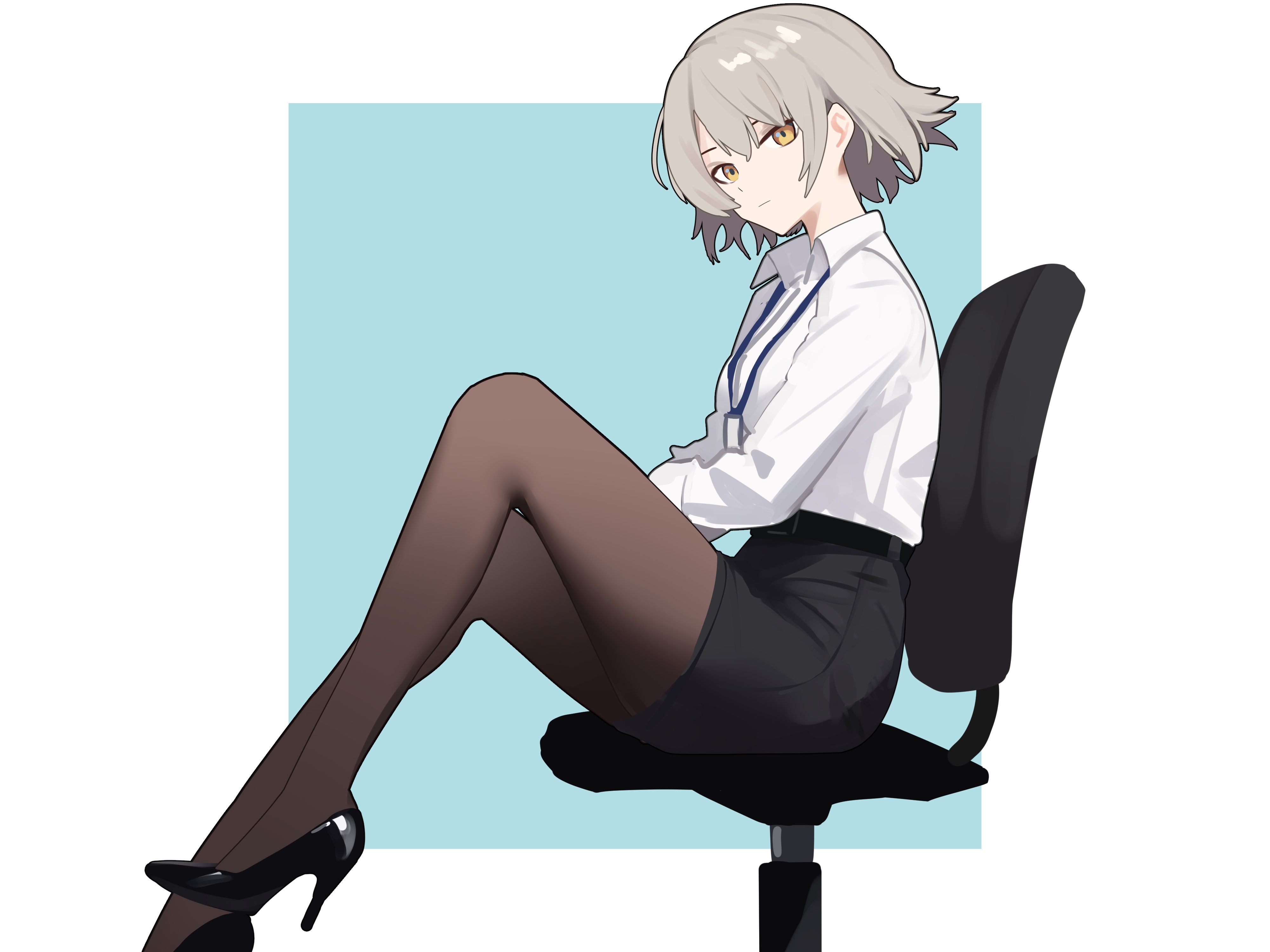 Safebooru - 1girl absurdres alternate costume belt black belt black shoes black skirt chair ...