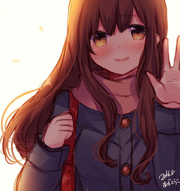 Safebooru - 1girl artist name azu torako bag bangs blush brown eyes brown hair brown scarf close ...
