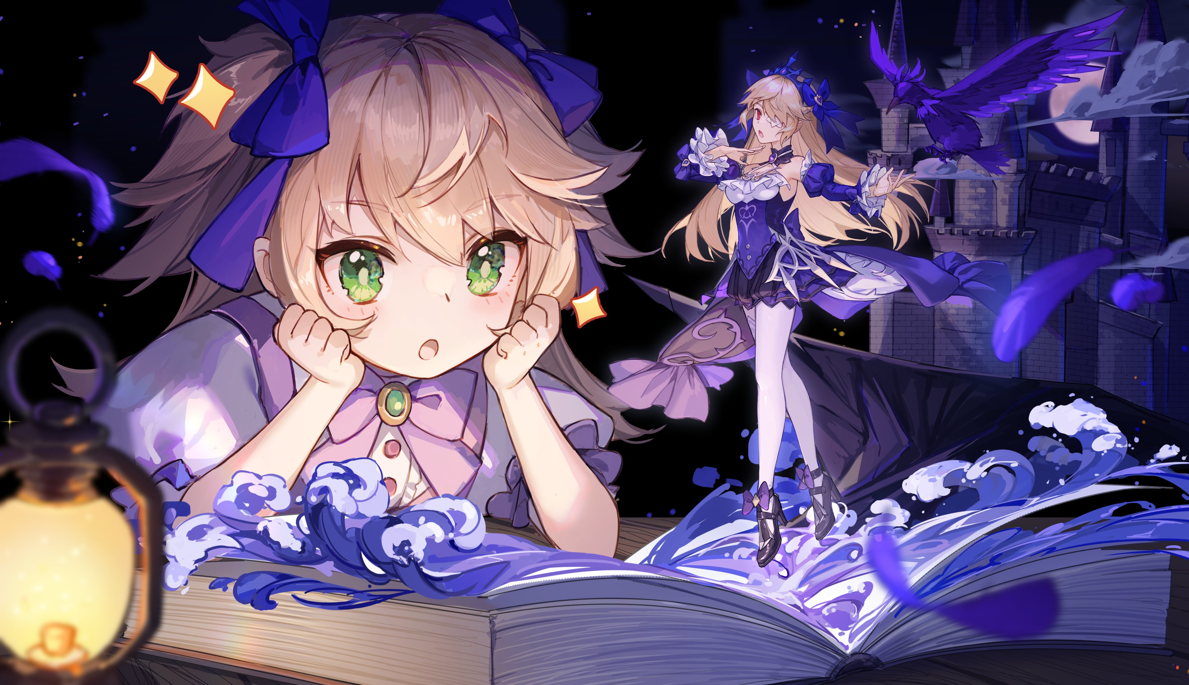 Safebooru - 2girls absurdres bangs bird black background blonde hair ...