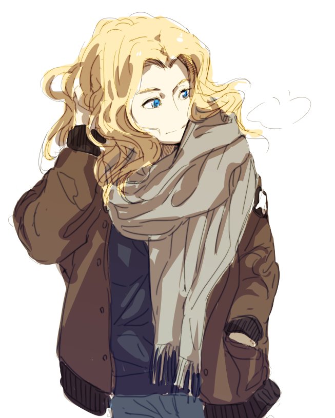 Safebooru - 1girl blonde hair blue eyes bomber jacket breath girls und ...
