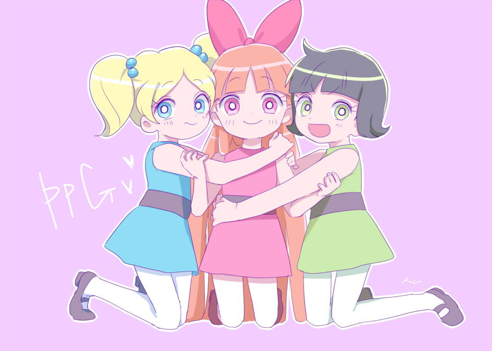 Safebooru - 3girls black hair black shoes blonde hair blossom (ppg ...