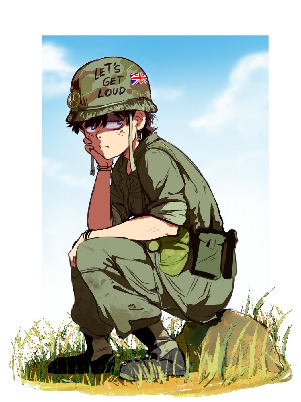 Safebooru - 1girl blue sky boots bracelet brown hair earrings freckles ...