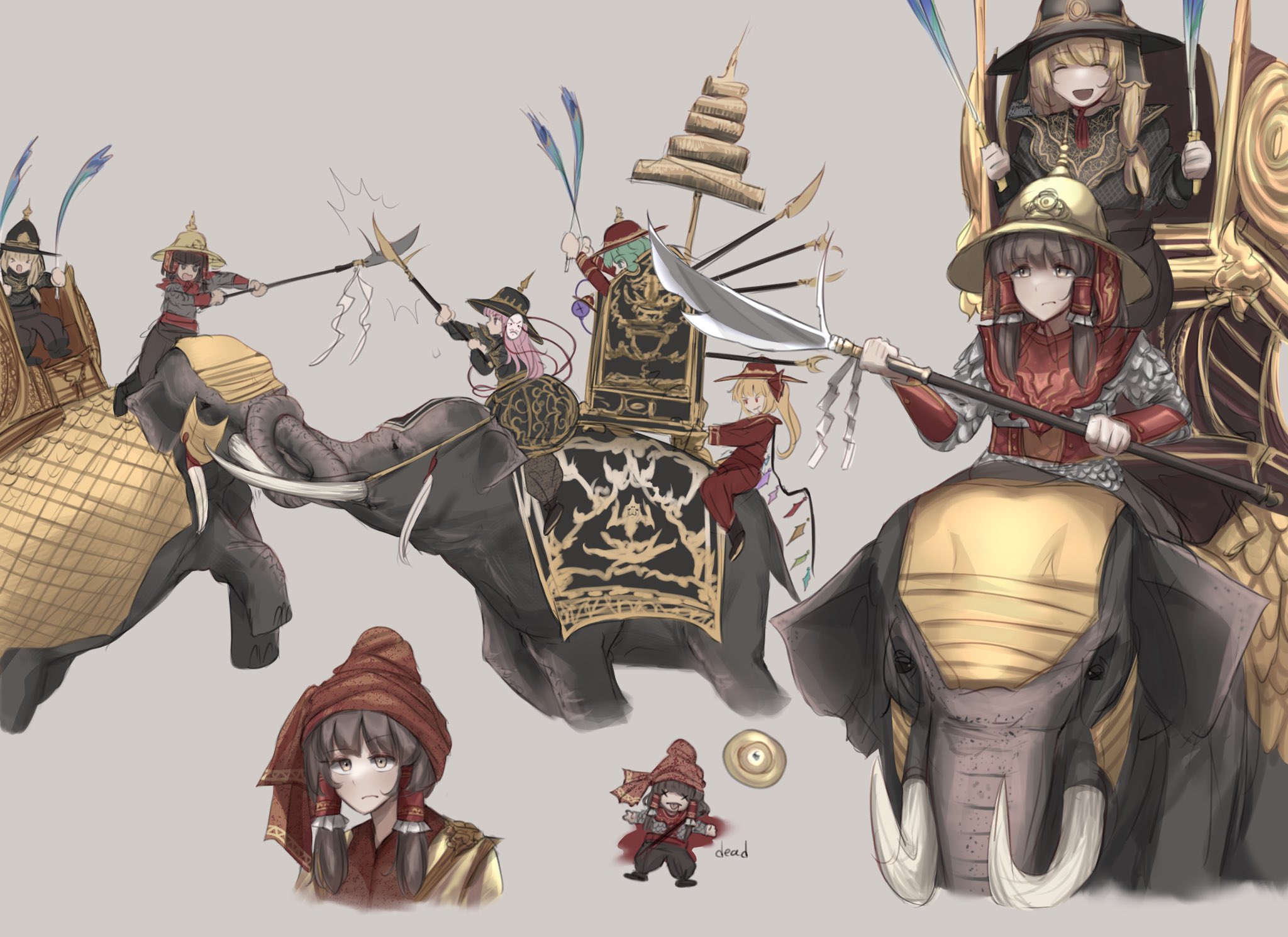 Safebooru - 5girls :d armor battle blonde hair blood closed eyes ...