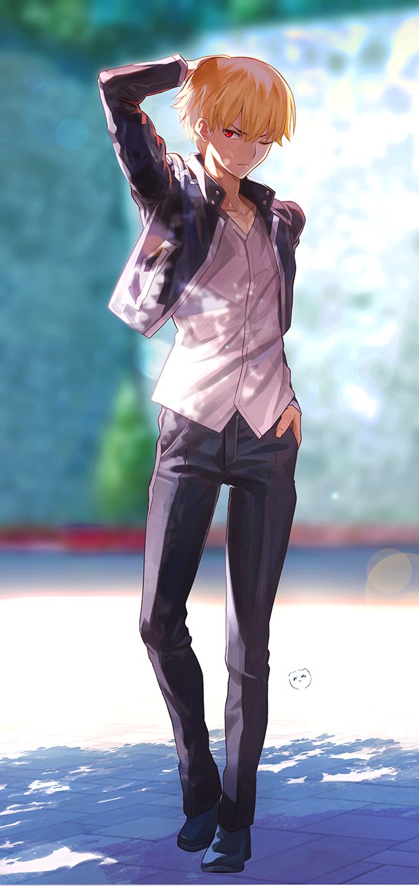 Safebooru - 1boy aora black jacket blonde hair casual fate/stay night ...