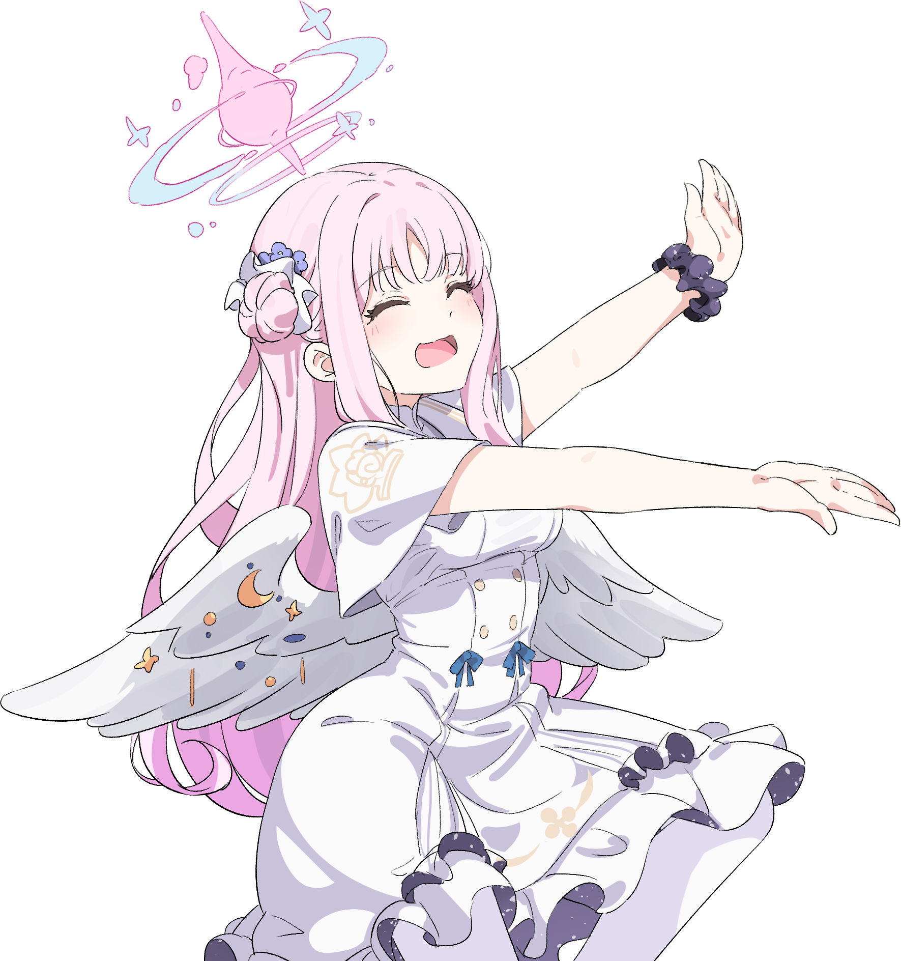 Safebooru - 1girl :d ^ ^ angel wings black scrunchie blue archive blue bow blue flower blunt ...