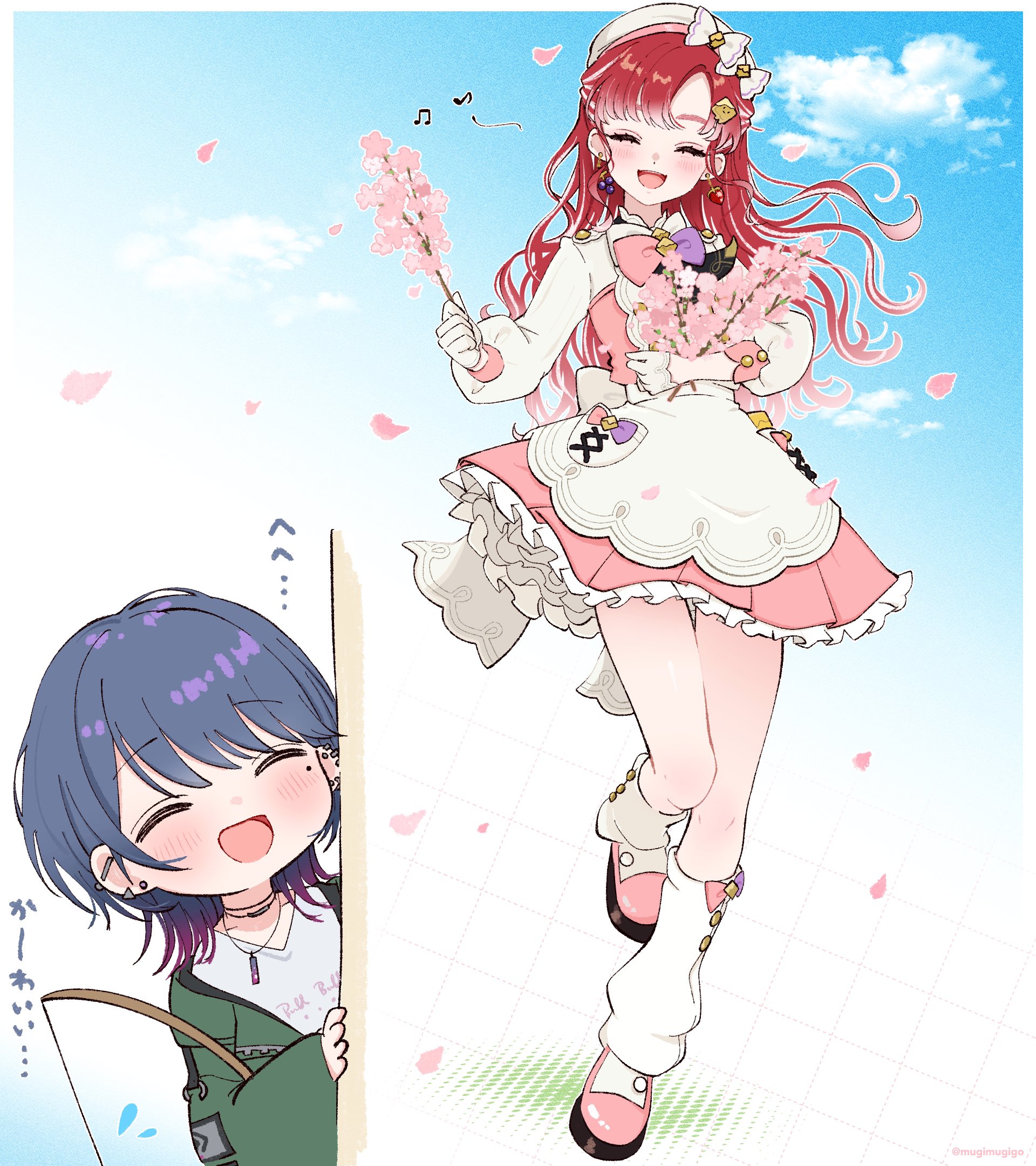 Safebooru - 2girls :d ^ ^ apron artist name barbell piercing beret blue sky blush bow bowtie ...