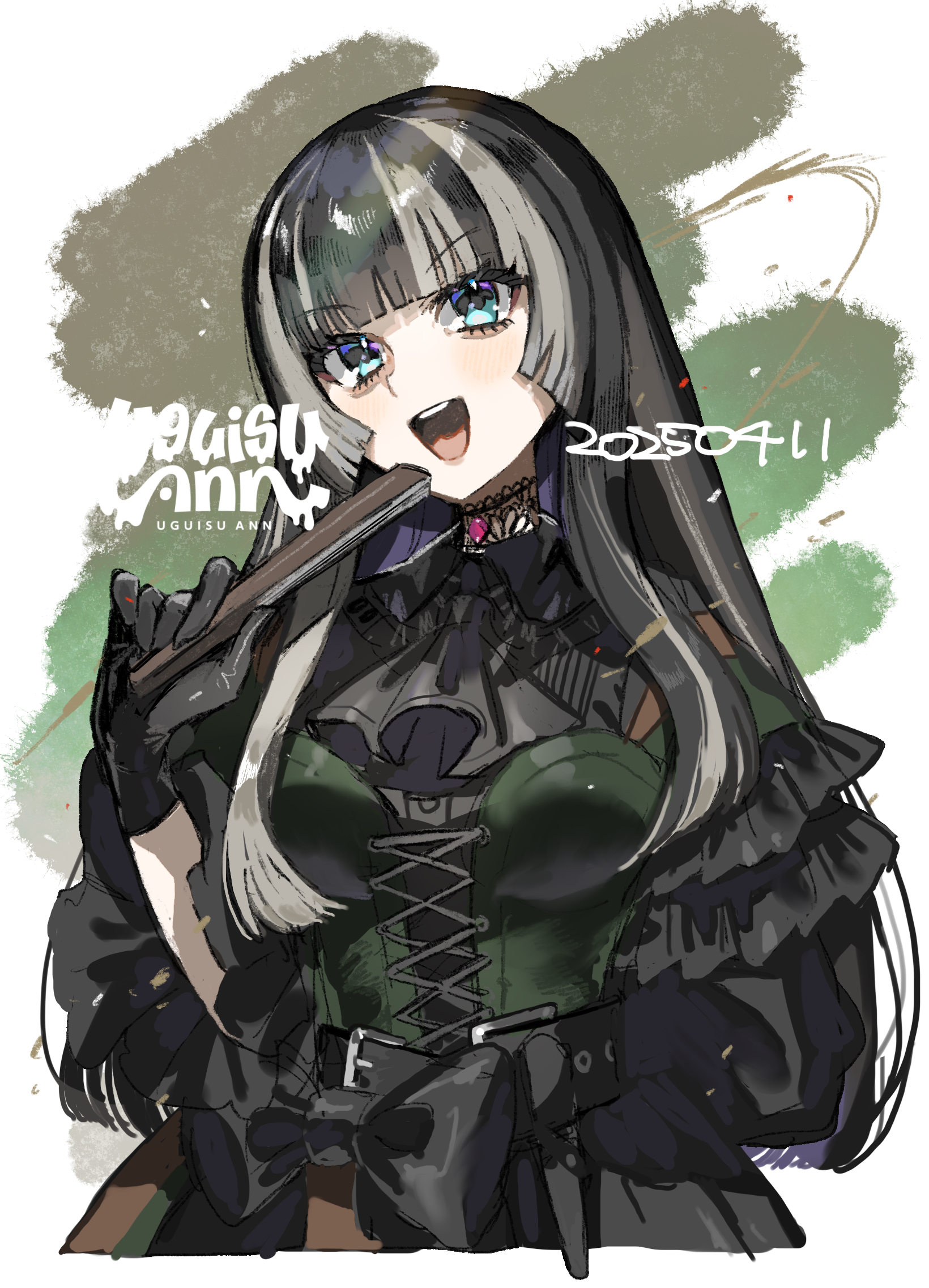 Safebooru - 1girl ascot black ascot black gloves black hair blue eyes choker cross-laced clothes ...