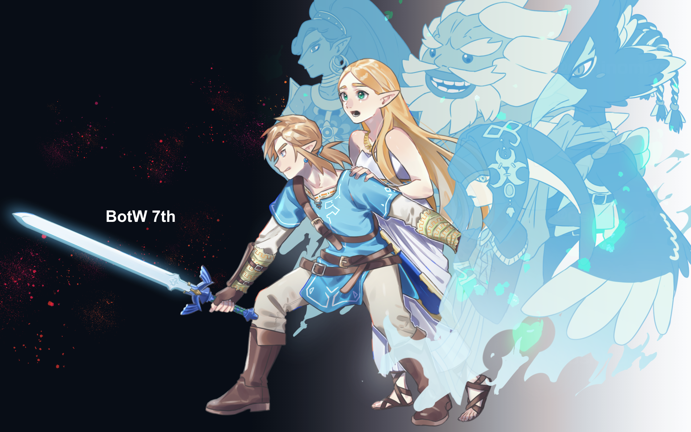 Safebooru - 3boys 3girls anniversary bare arms behind another belt bird boy black background ...