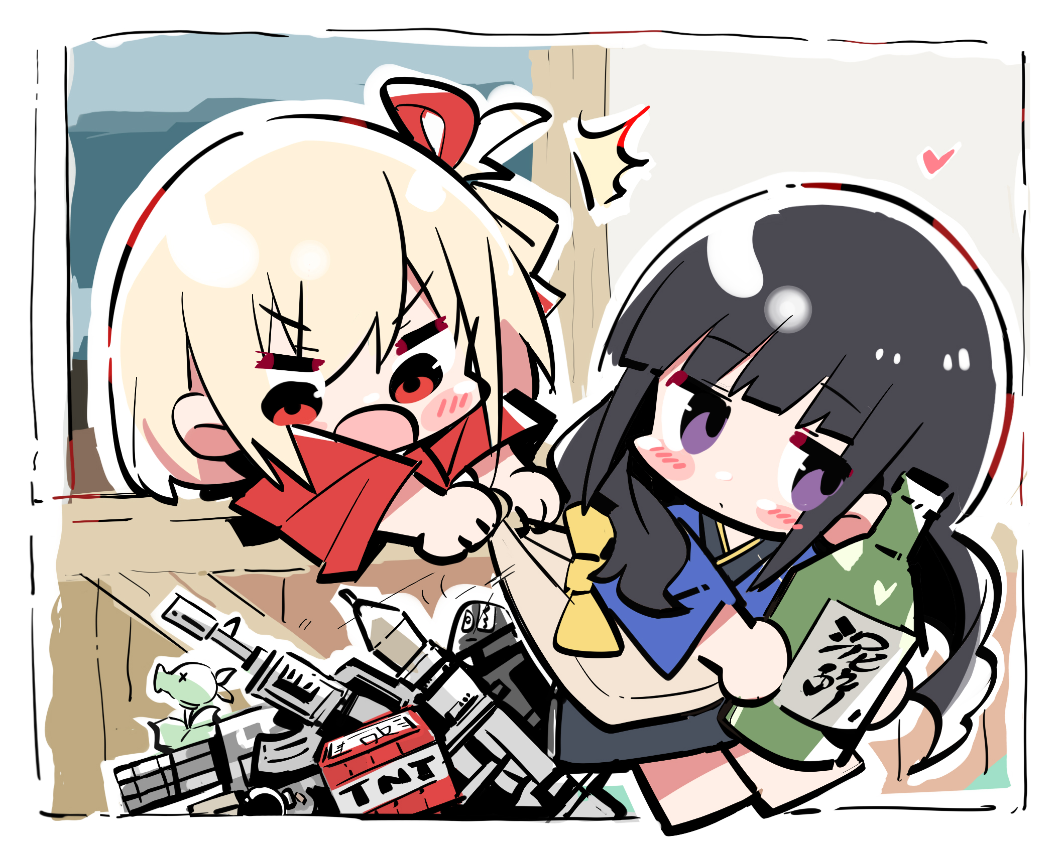Safebooru - 2girls assault rifle black hair blonde hair blue kimono bottle clothes grab ...