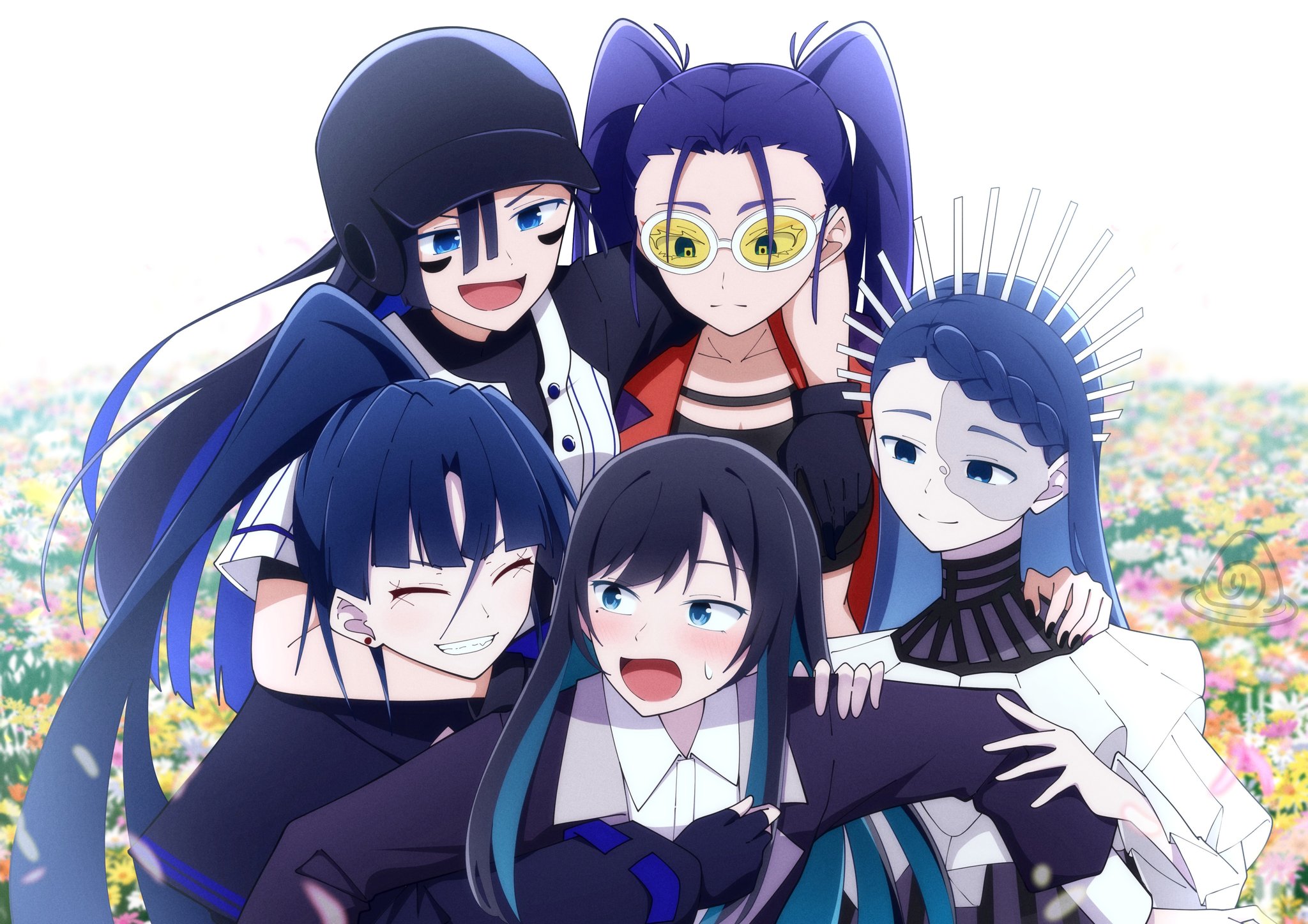 Safebooru - 5girls ado (utaite) black coat black gloves black helmet blue eyes blue hair blush ...