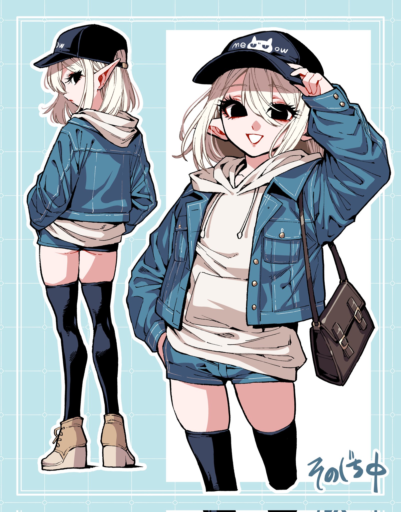 Safebooru - 1boy bag baseball cap black eyes blonde hair blue background hat highres jacket ...