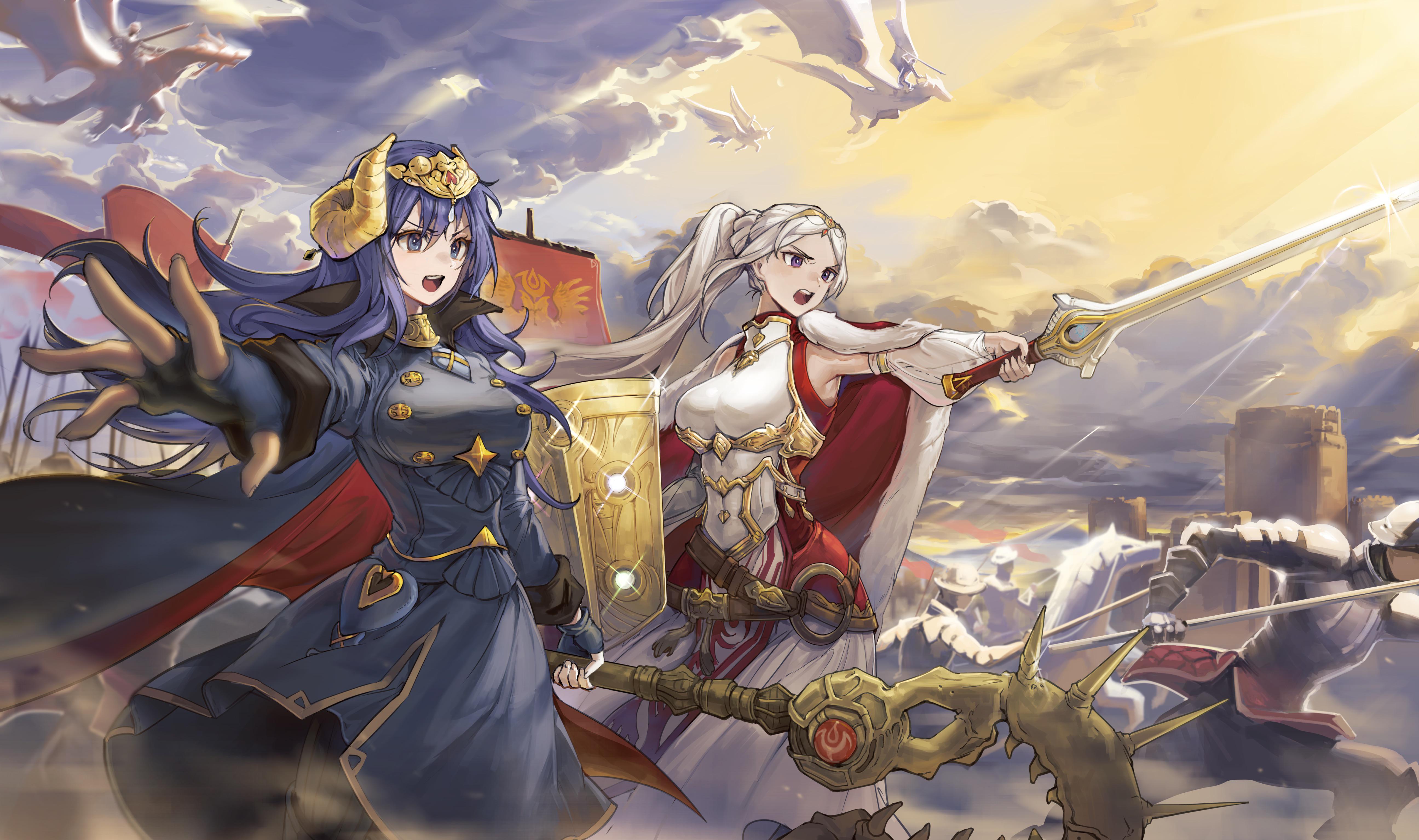 Safebooru - 2girls absurdres alternate color alternate costume army axe ...