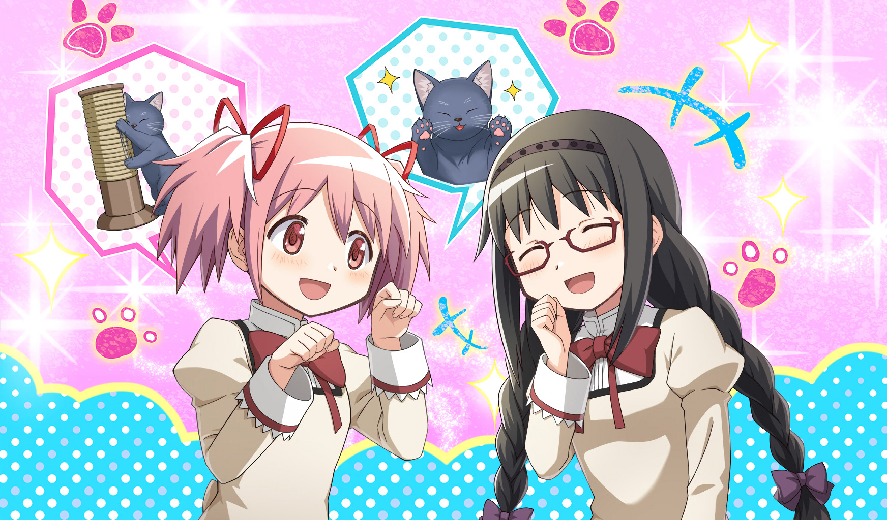 Safebooru - +++ 2girls ^ ^ akemi homura artist request black cat black ...