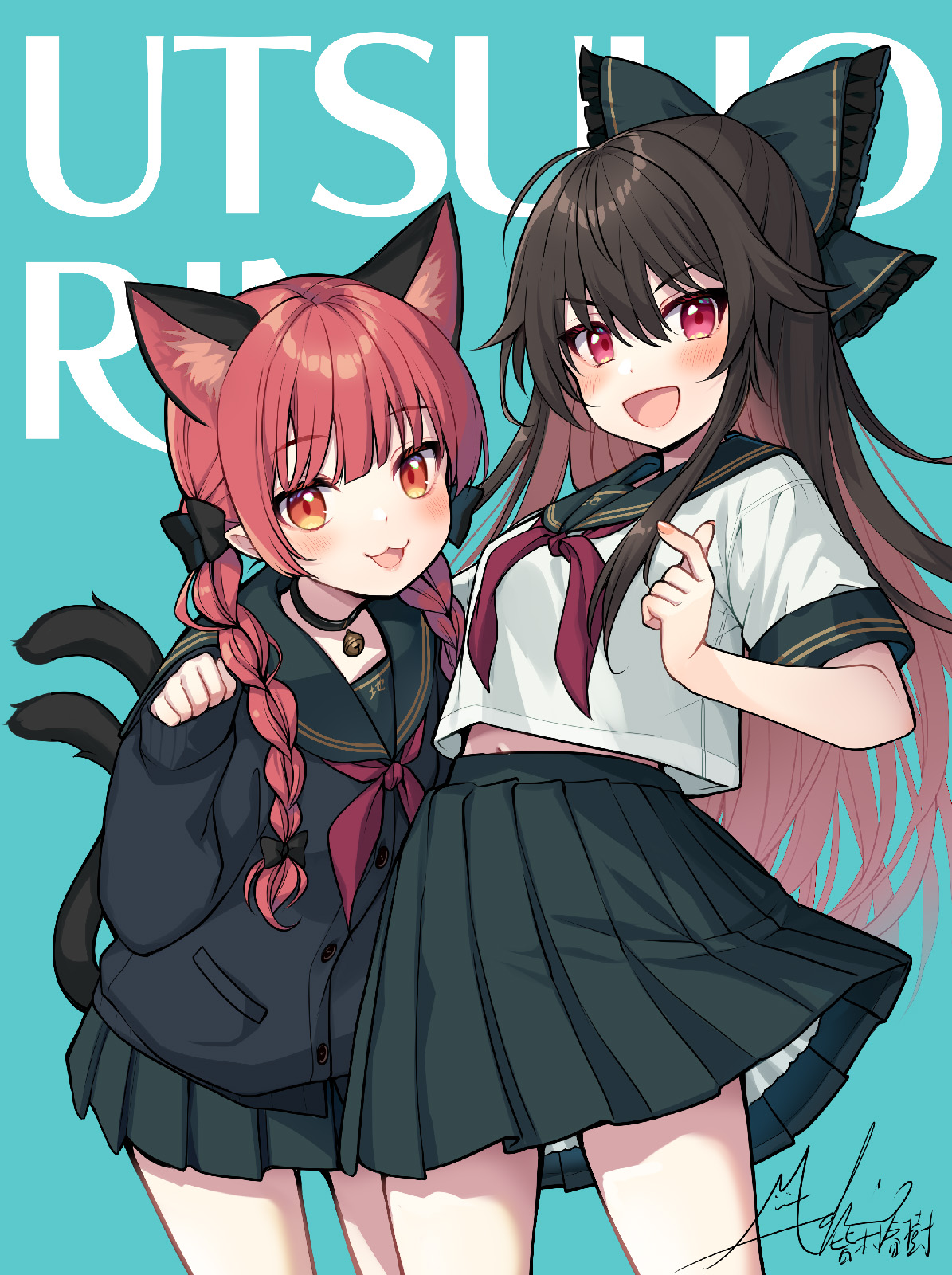 Safebooru - 2girls :d animal ears black bow black hair black shirt blue background blush bow ...