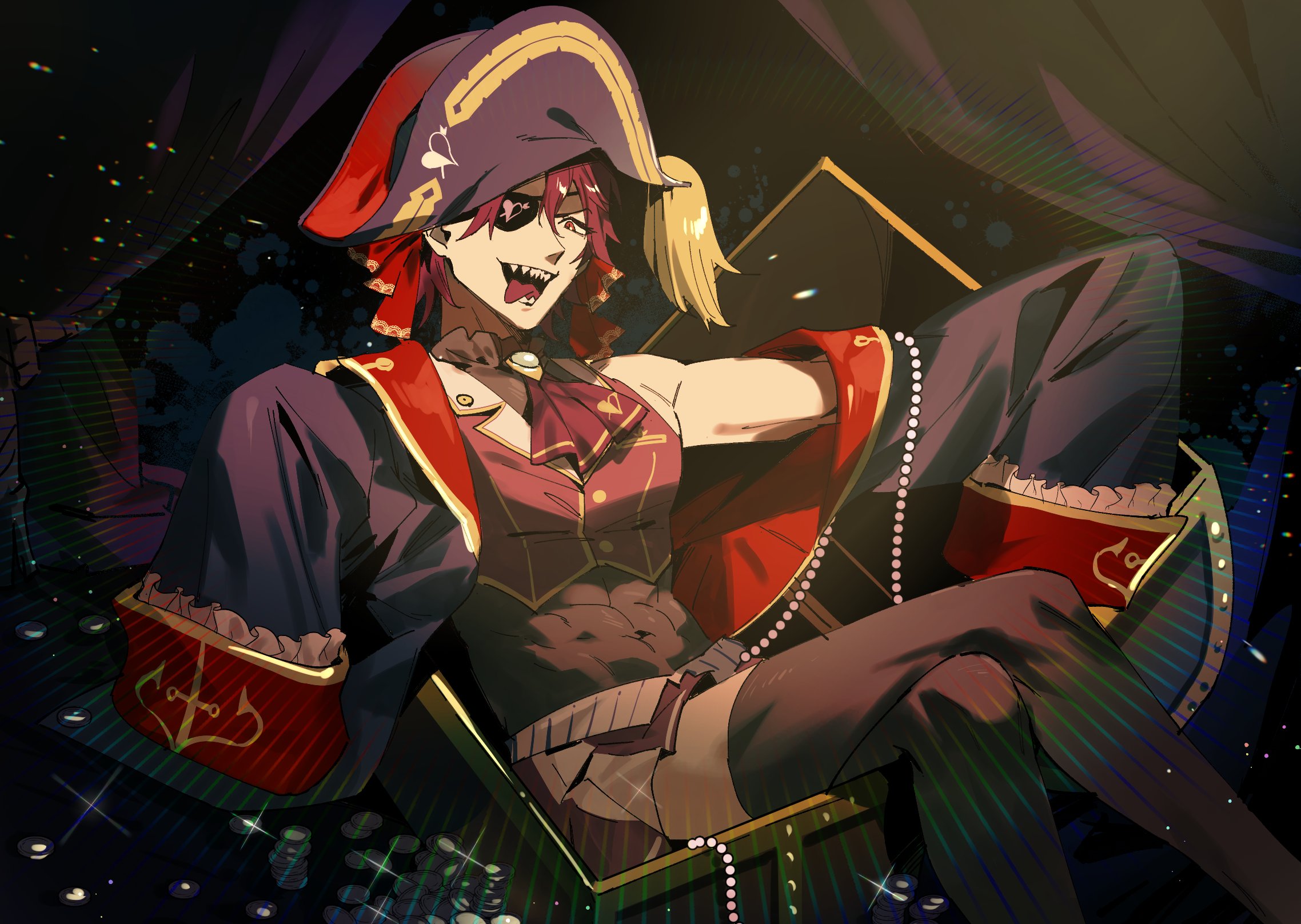 Safebooru - 1boy abs ascot bicorne black coat black thighhighs box brooch coat coin collar ...