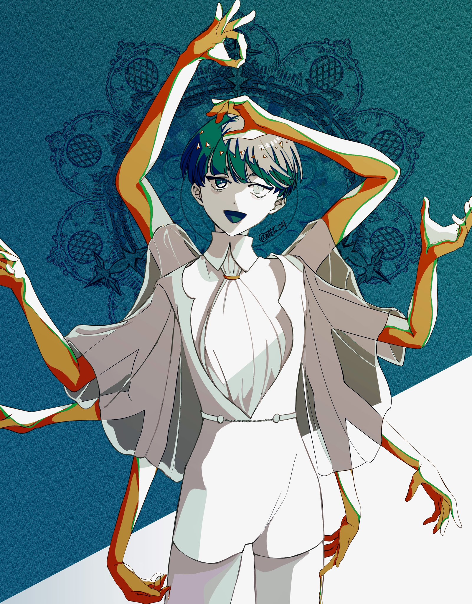 Safebooru - 1other :d blue eyes blue hair collared shirt cowboy shot ...