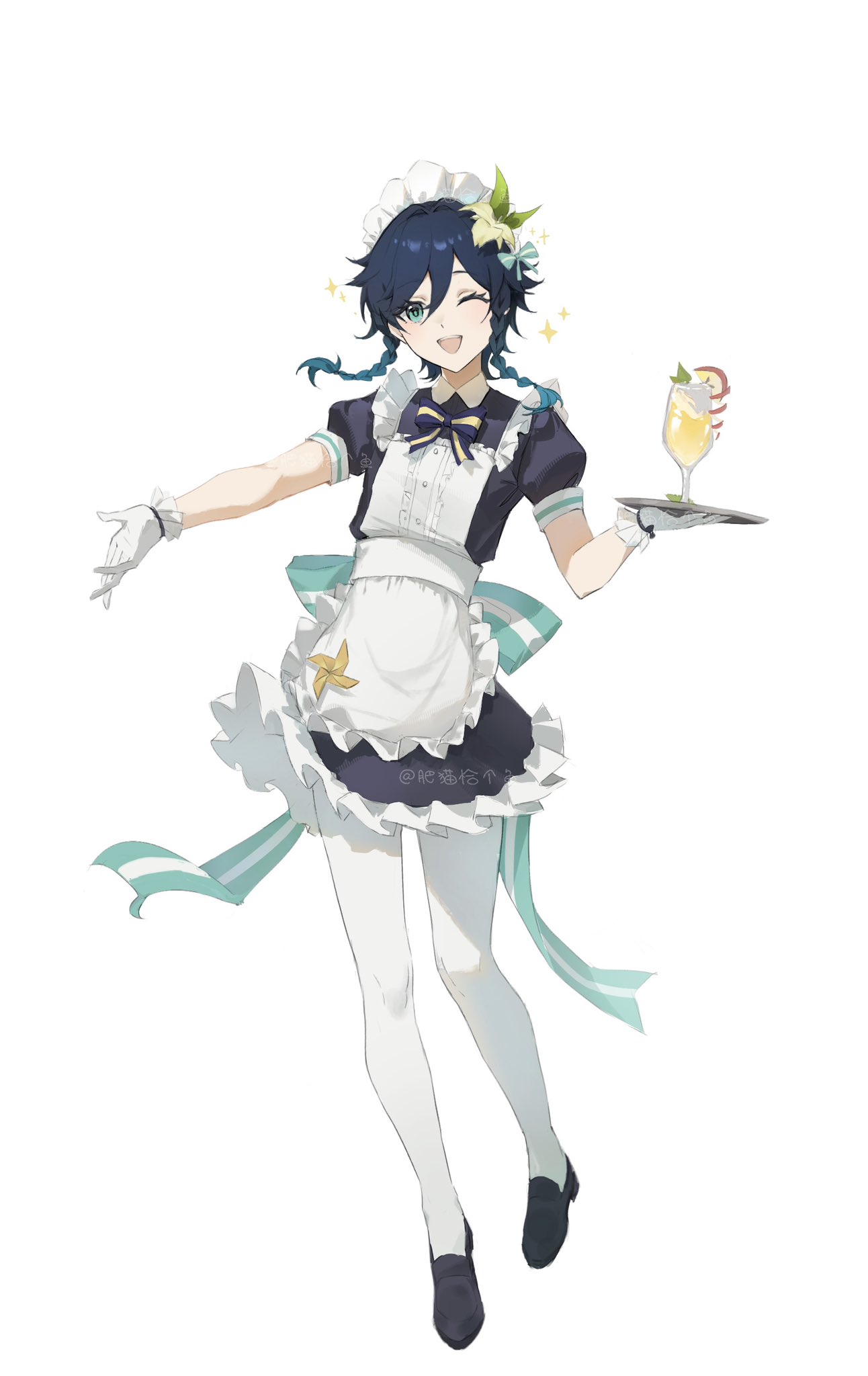 Safebooru - 1boy ;d alternate costume apron aqua hair black dress black ...