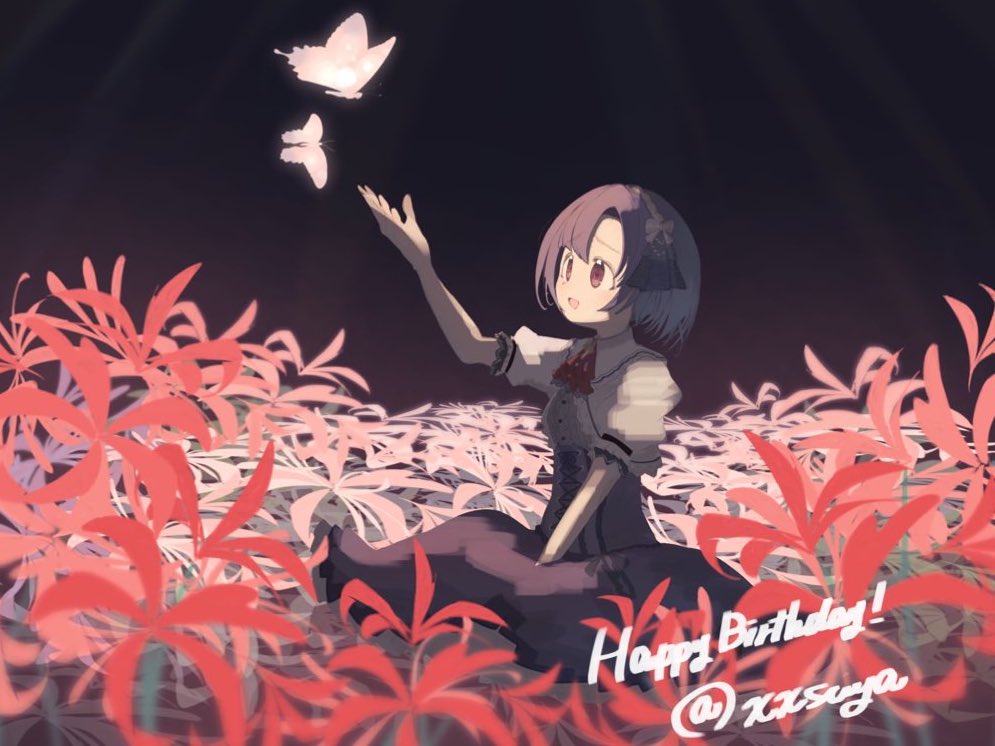 Safebooru - 1girl arm up black hair bug butterfly dress field flower flower field idolmaster ...