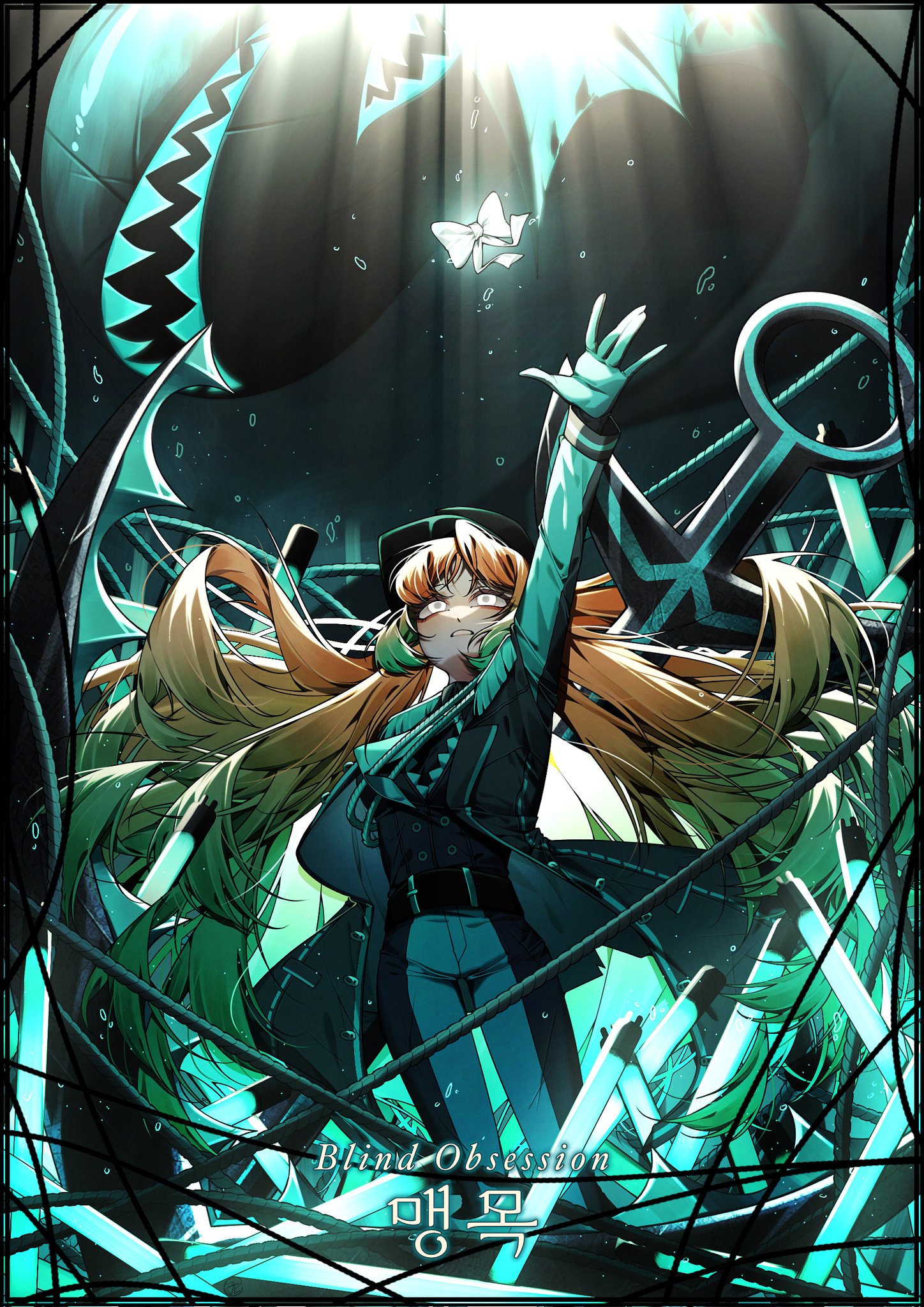 Safebooru - 1girl aqua gloves aqua necktie aqua pants aqua trim arm up belt black belt black ...