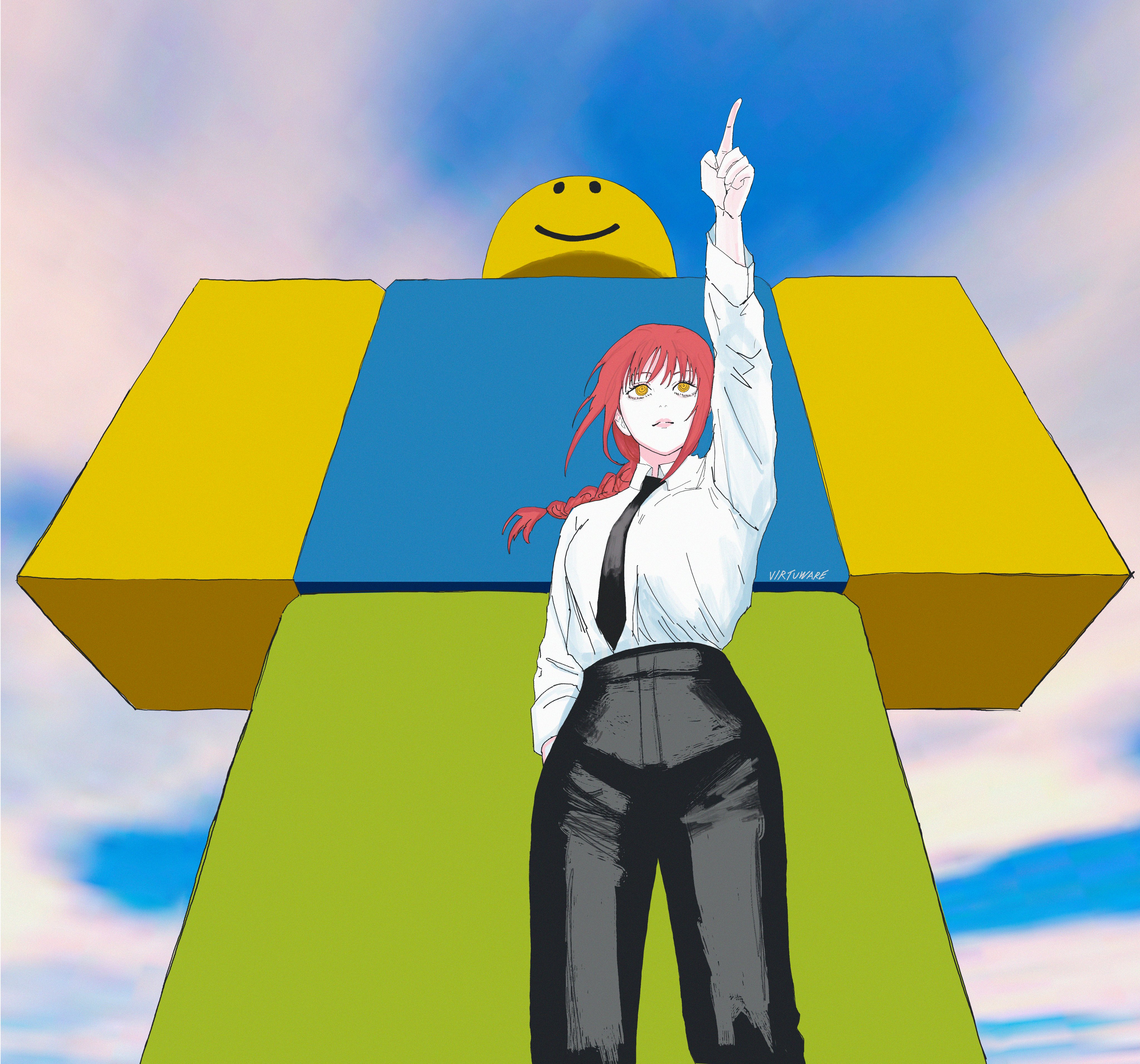 Safebooru - 1girl absurdres black necktie black pants blue sky chainsaw ...