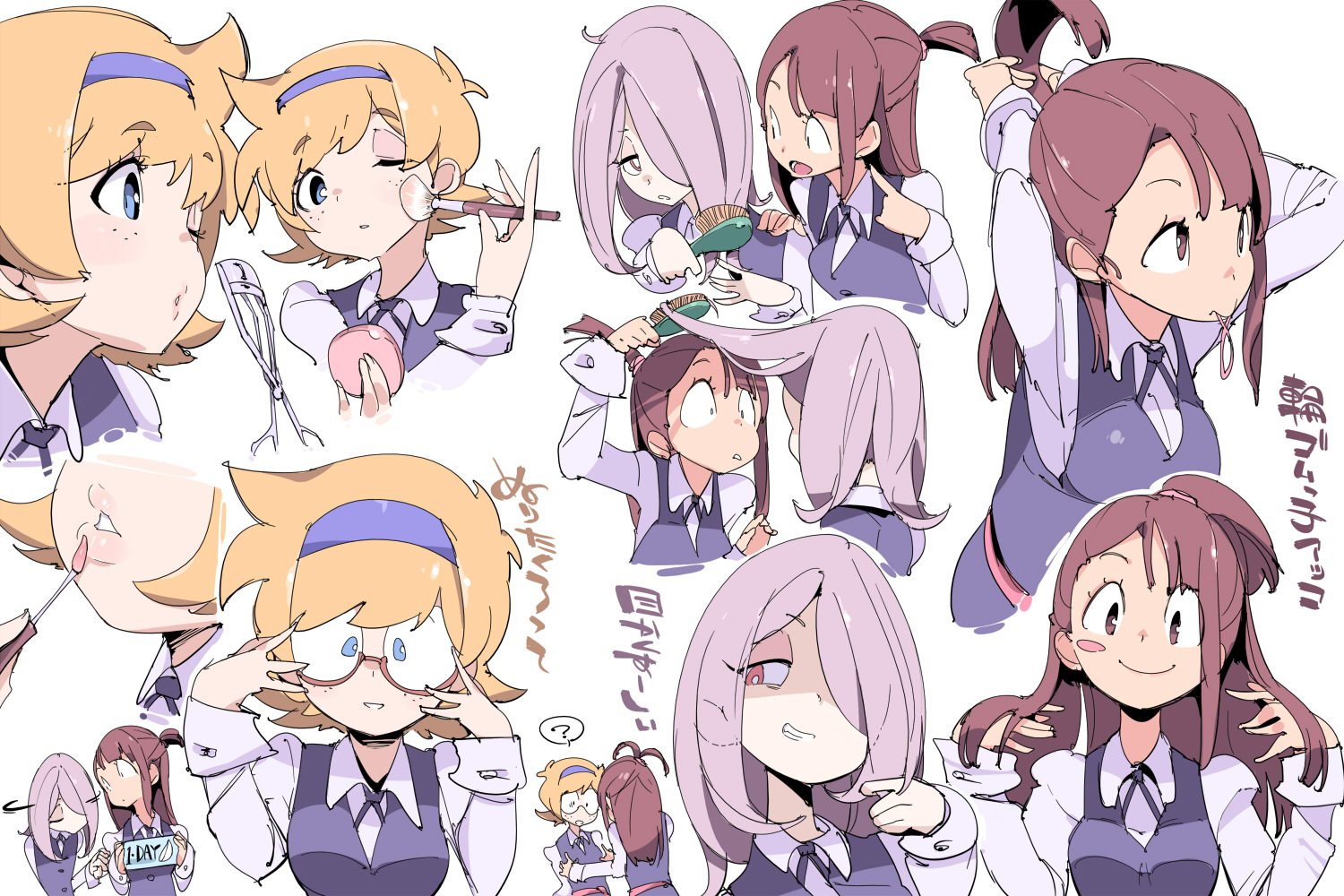 Safebooru - 3girls ;o ? ahoge akko kagari applying makeup blonde hair ...