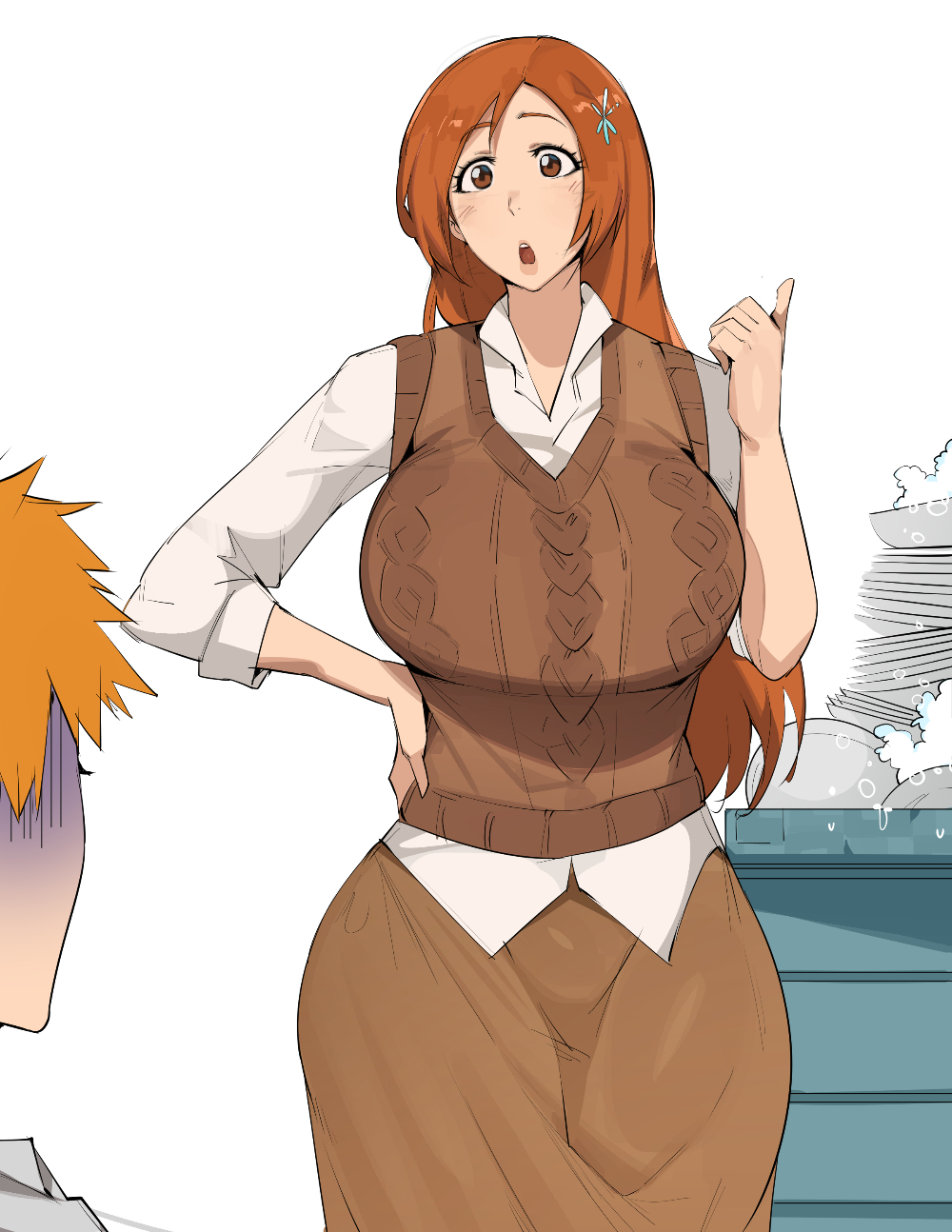 Safebooru - bleach blush breasts brown eyes brown hair brown sweater vest collarbone dr ...