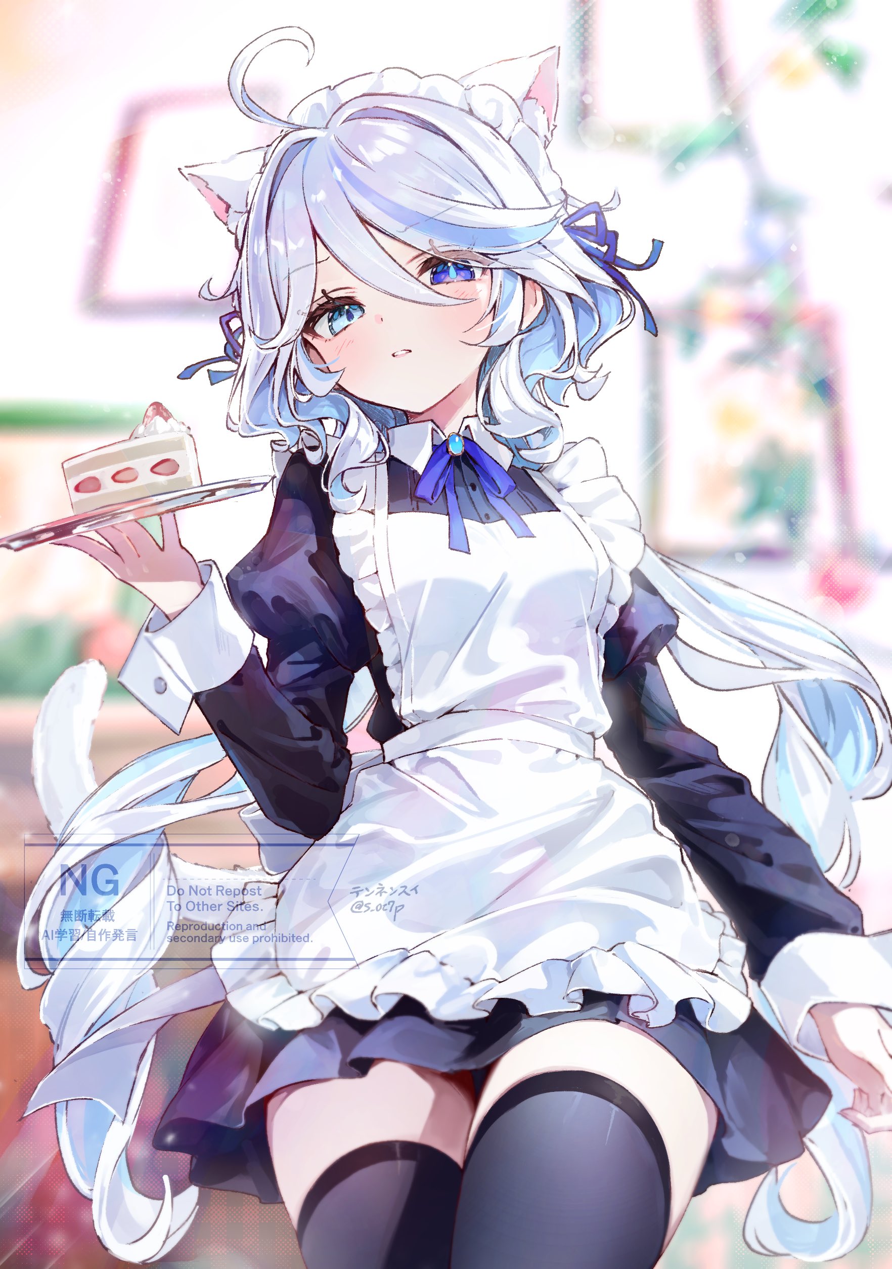 Safebooru - 1girl absurdres ahoge alternate costume animal ear fluff animal ears apron blue hair ...