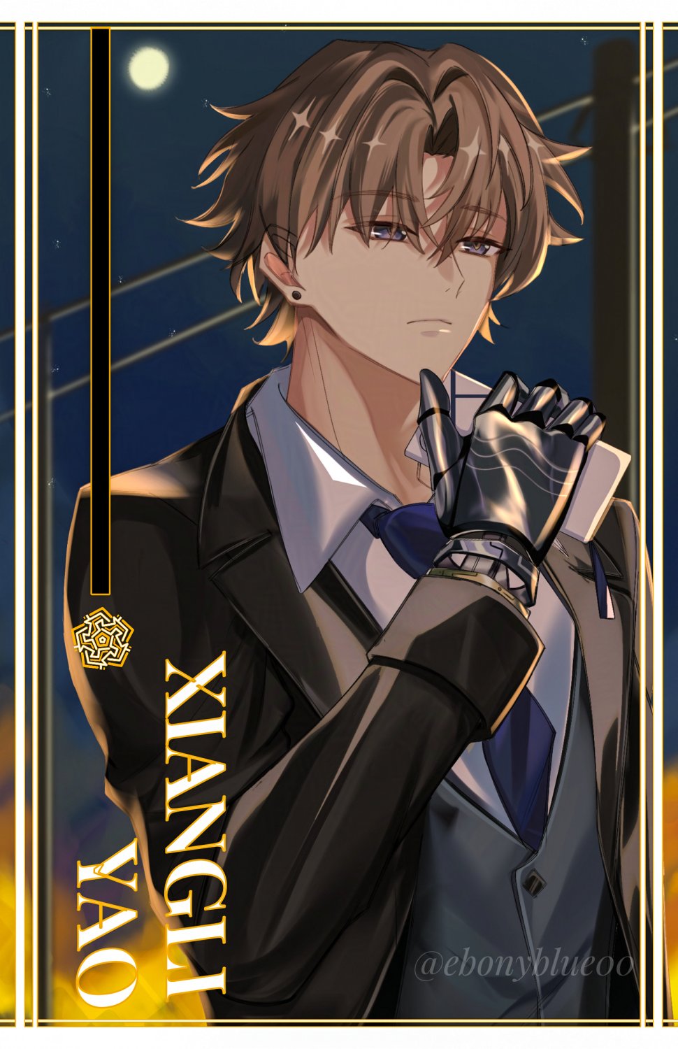 Safebooru - 1boy adversarial noise black jacket blue eyes blue necktie brown hair closed mouth ...